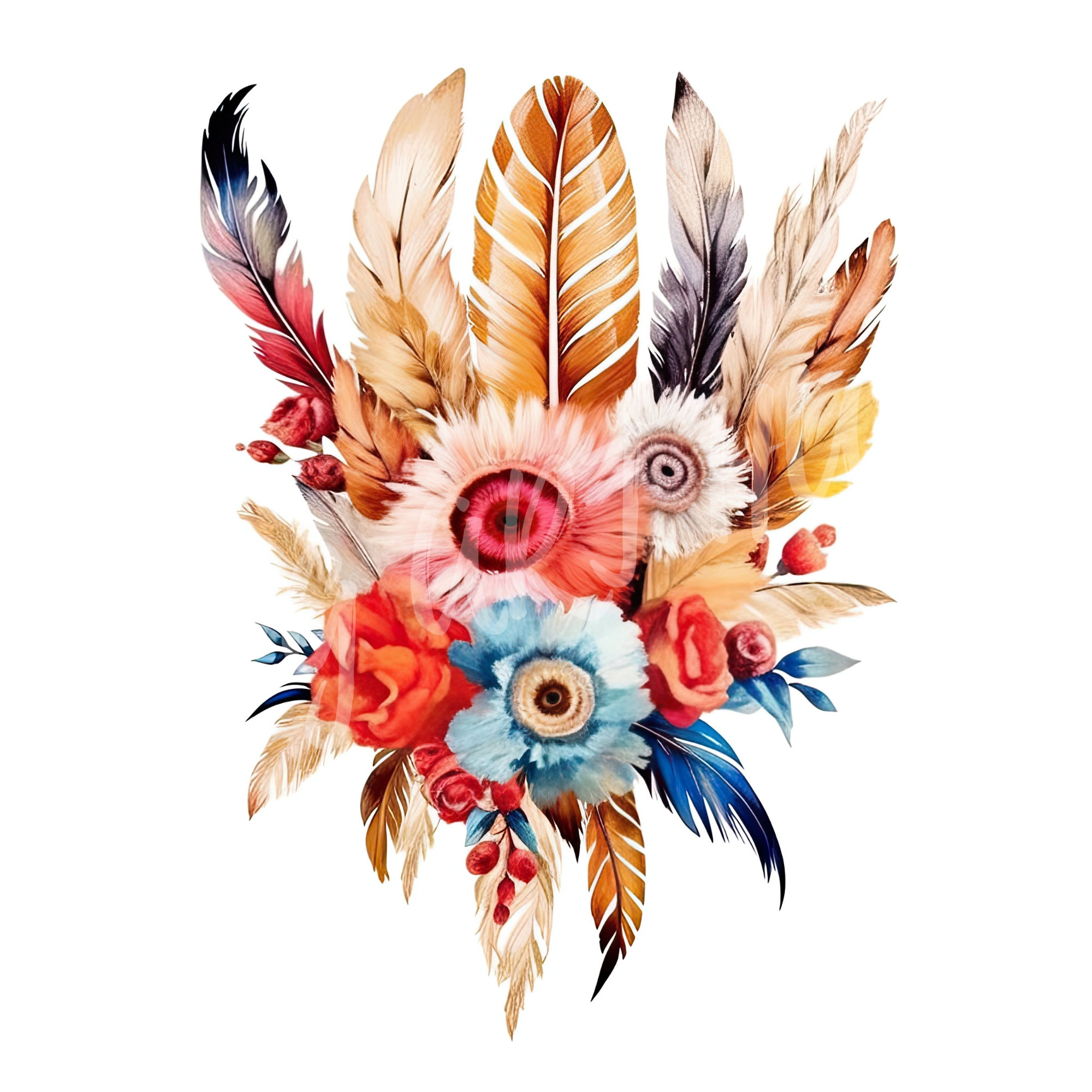 Boho Floral Feathers Bouquet Clipart, High Quality JPG, Digital ...