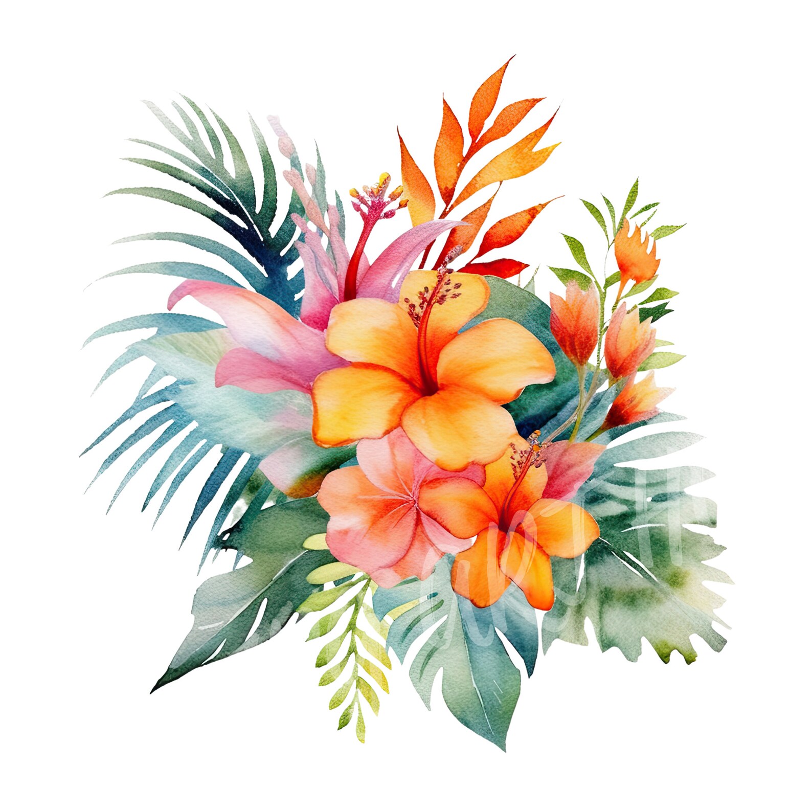 Watercolor Tropical Flowers Bouquet Clipart, Flowers Clipart, Digital ...