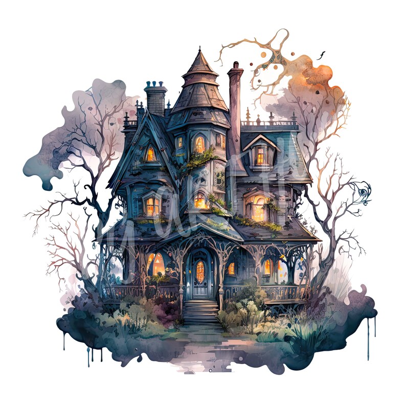 Watercolor Haunted House Clipart, Spooky House Clipart, Watercolor ...
