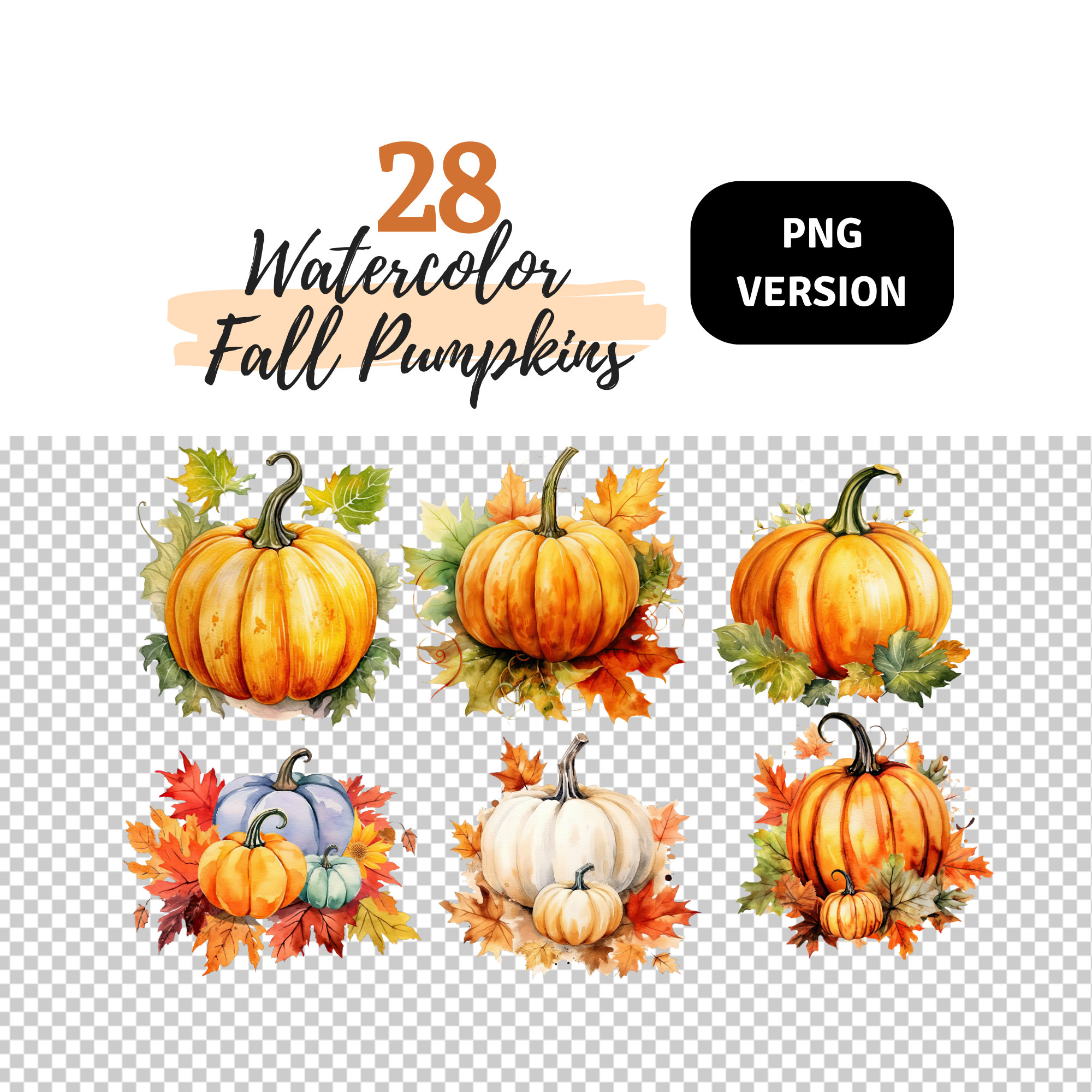 Watercolor Pumpkin Clipart, Fall Clipart Bundle, High Quality PNG ...