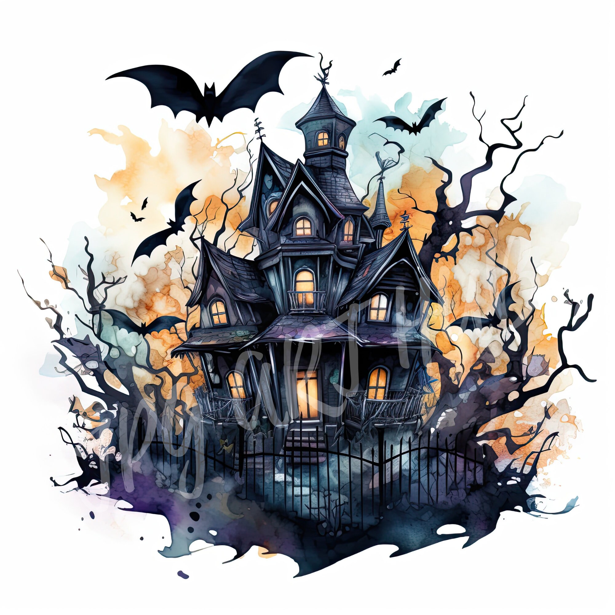 Watercolor Spooky Haunted House Clipart, High Quality JPG, Digital ...