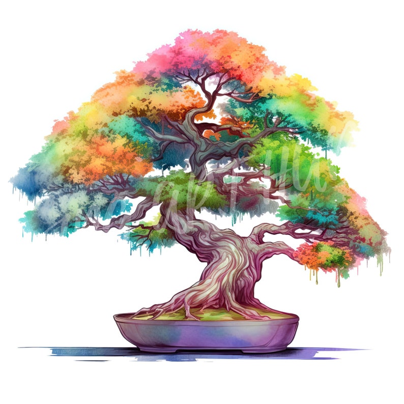 Watercolor Colorful Bonsai Tree Clipart, Bonsai Clipart, Digital ...