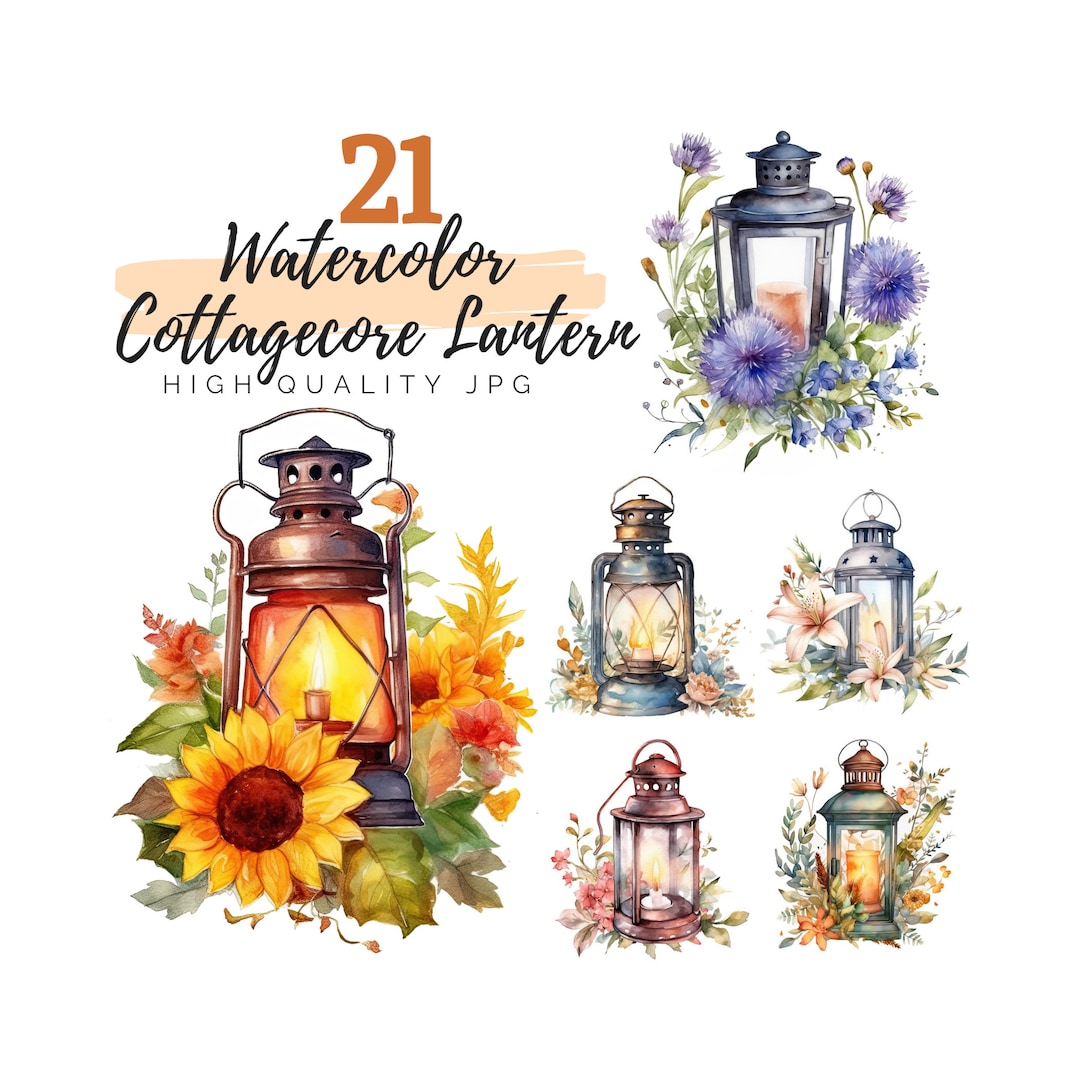 Watercolor Cottagecore Floral Lantern Clipart, Victorian Lantern ...