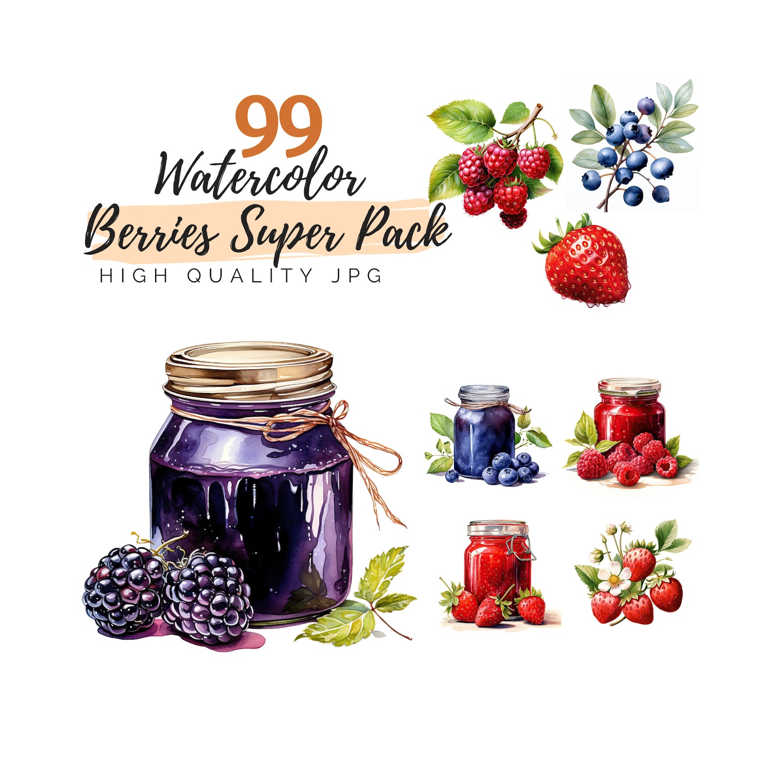 Watercolor Berries Clipart Super Pack, Strawberry Clipart, Blueberry ...