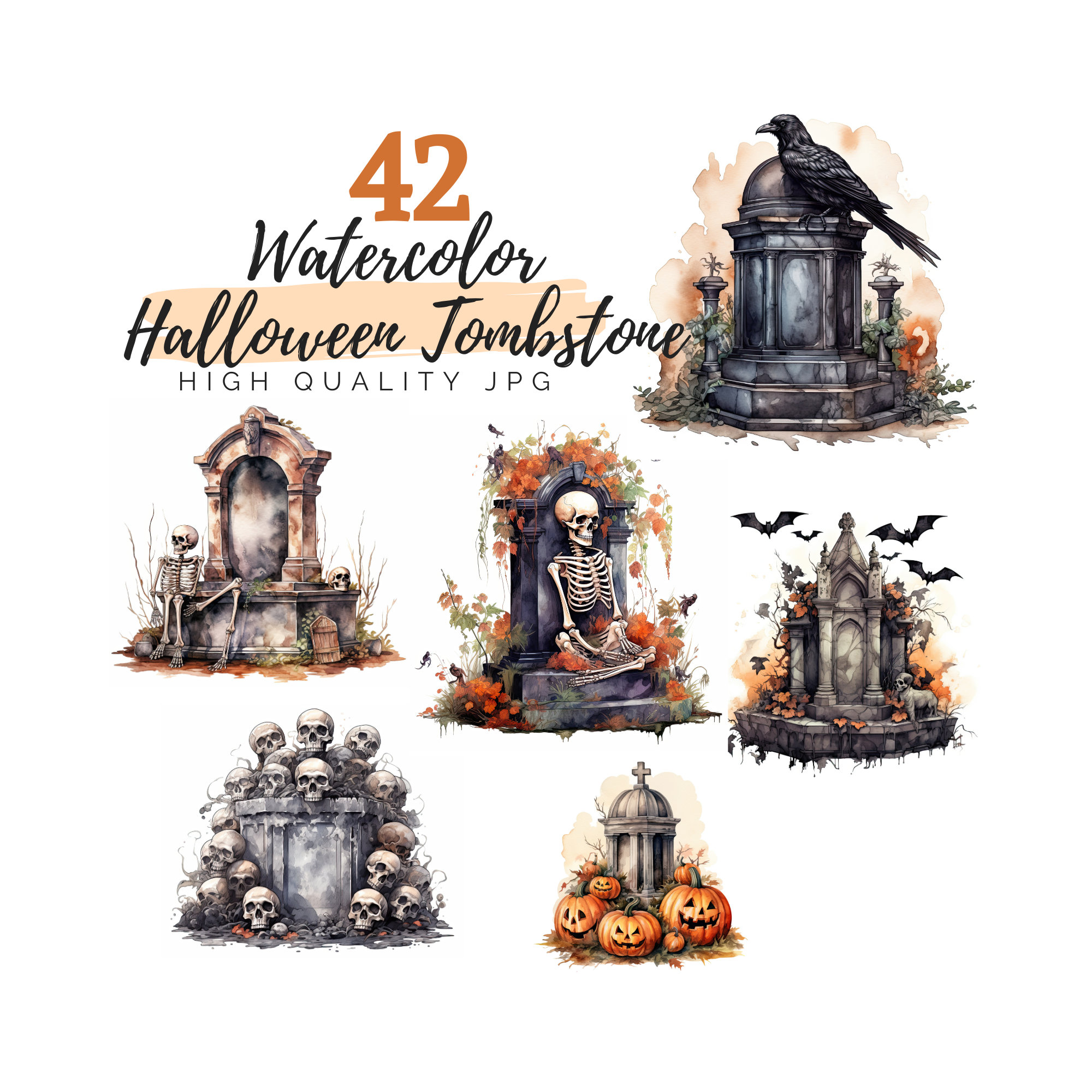 Watercolor Spooky Tombstone Clipart, Halloween Clipart, High Quality ...