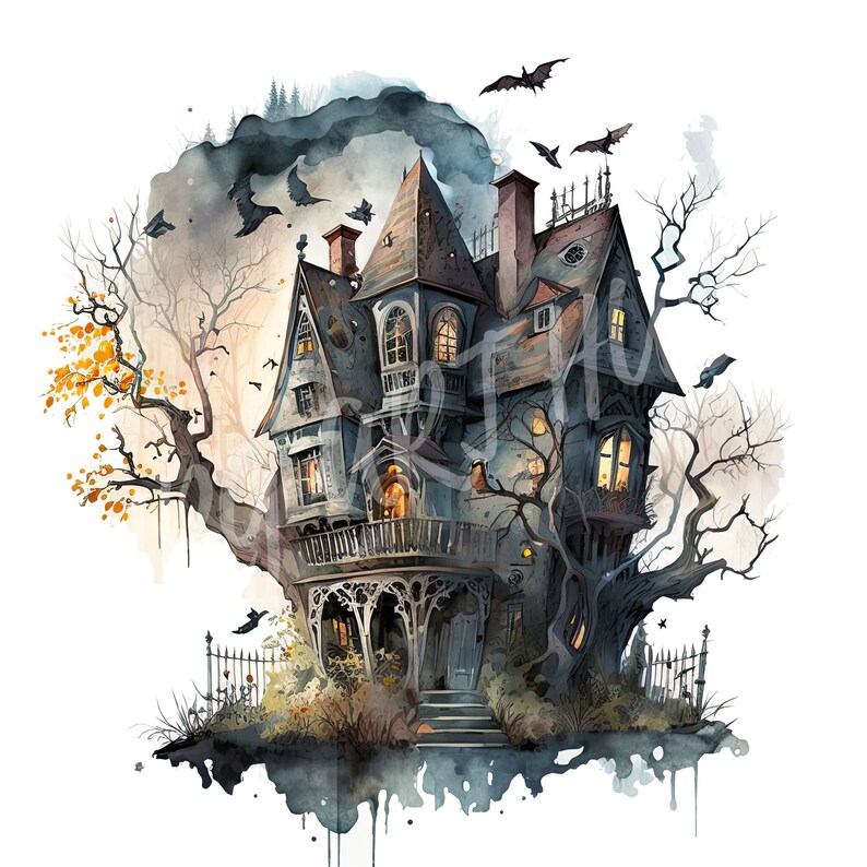 Watercolor Haunted House Clipart, Spooky House Clipart, Watercolor ...