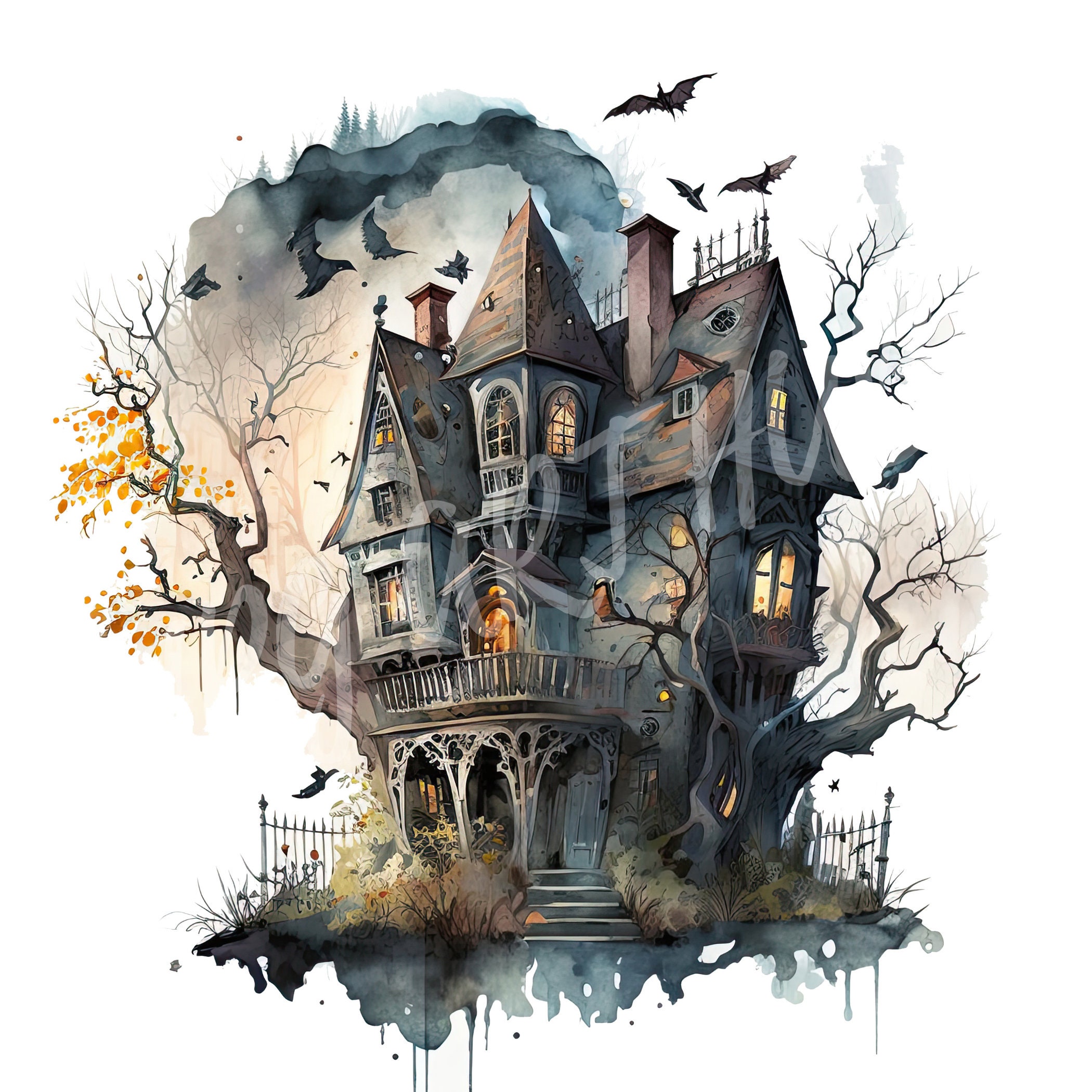 Watercolor Haunted House Clipart, Spooky House Clipart, Watercolor ...