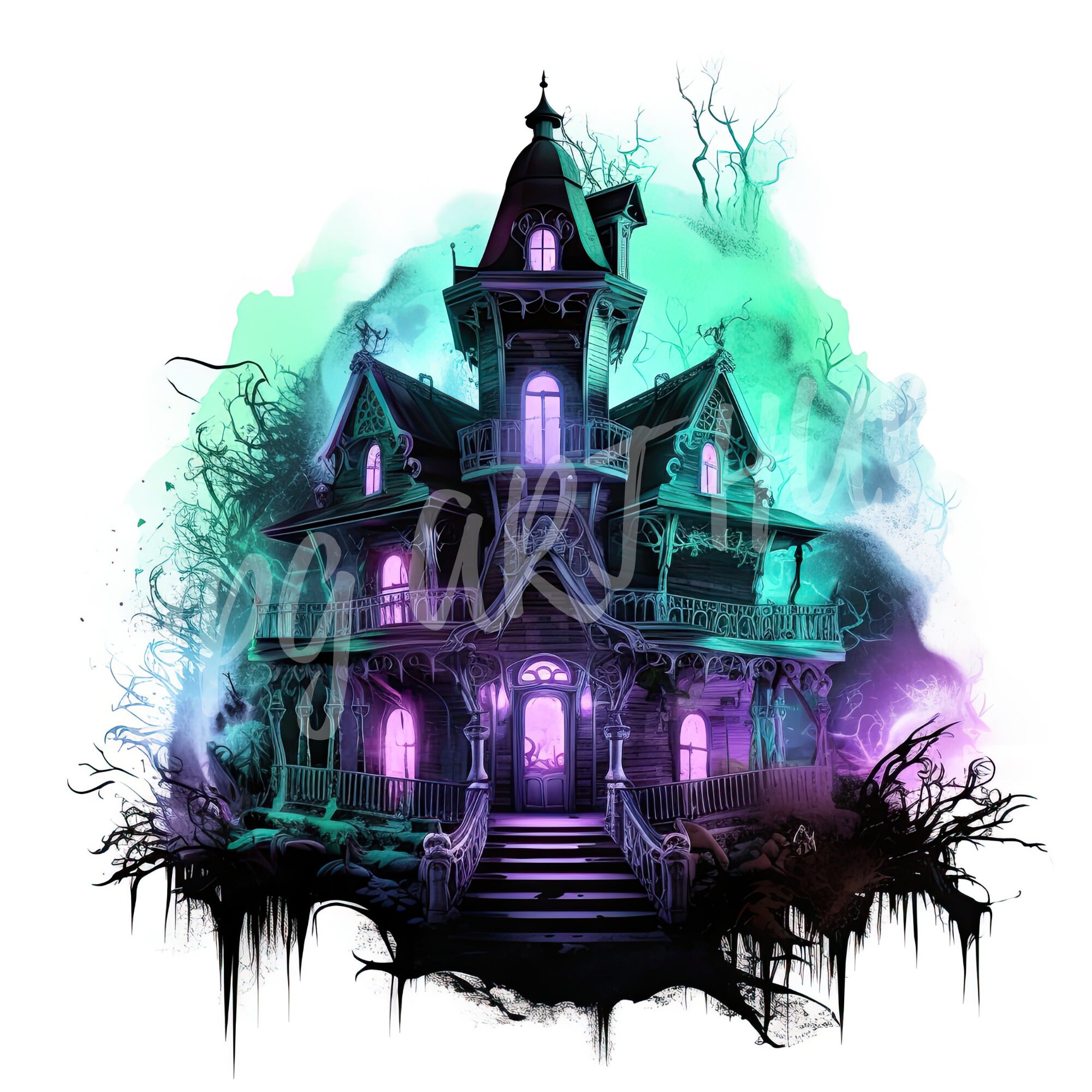 Watercolor Neon Haunted Mansion Clipart, Halloween Clipart, High ...