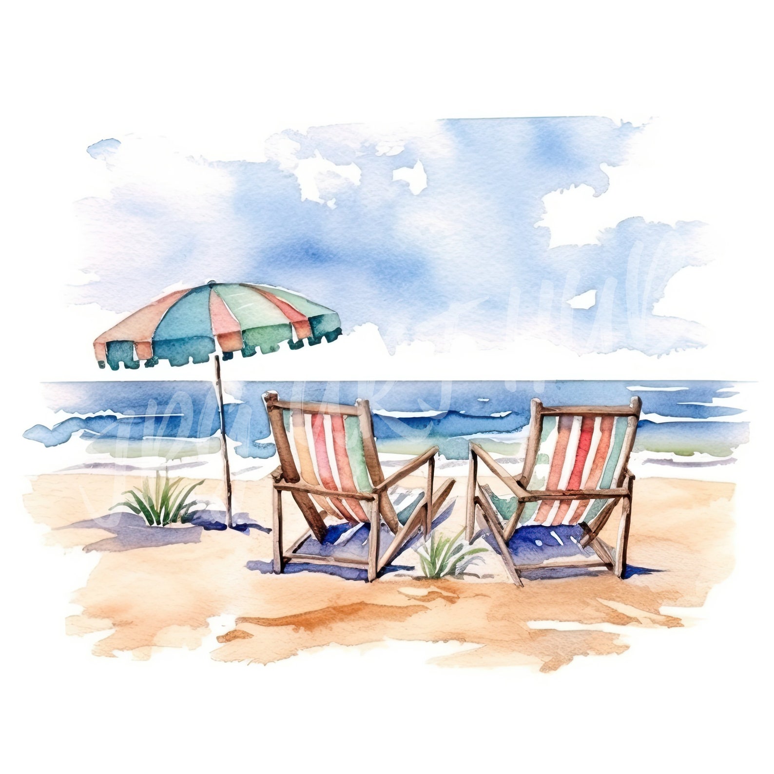 Watercolor Beach Clipart, Vacation Clipart, Ocean Landscape, Beach ...