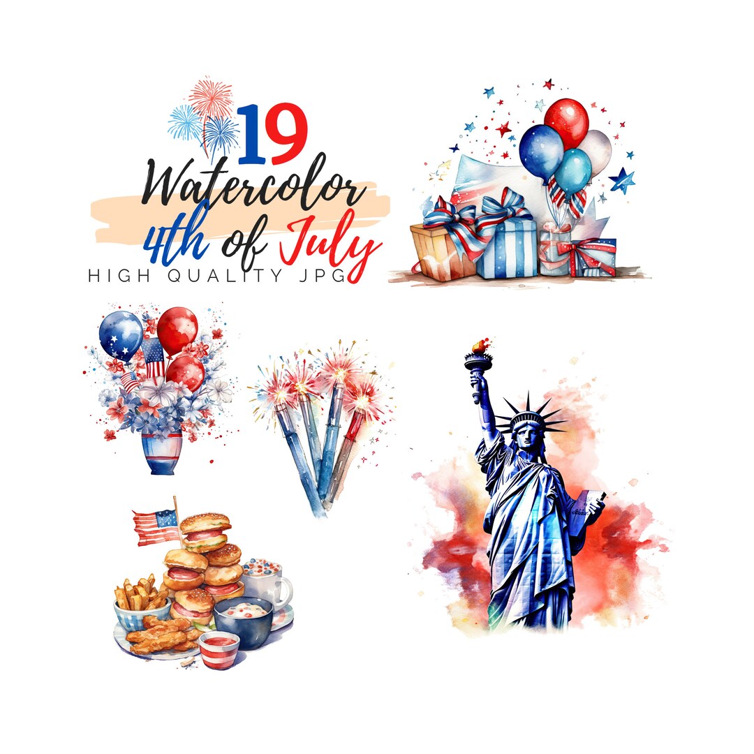 Watercolor 4th of July Clipart Bundle, Independence Day Clipart ...