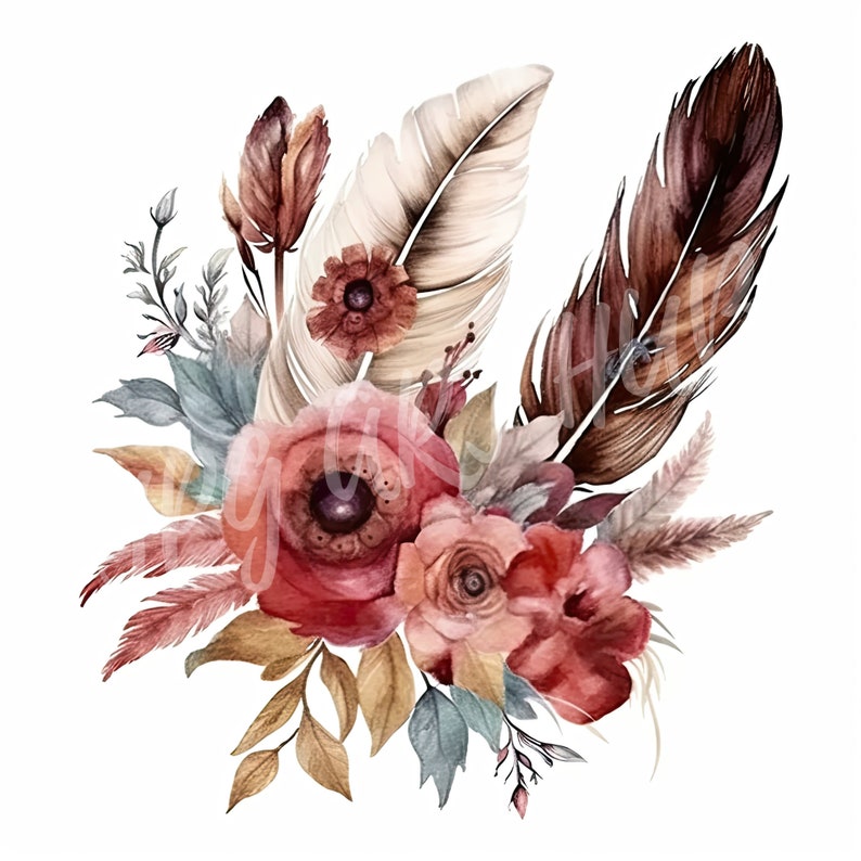 Boho Floral Feathers Bouquet Clipart, High Quality JPG, Digital ...