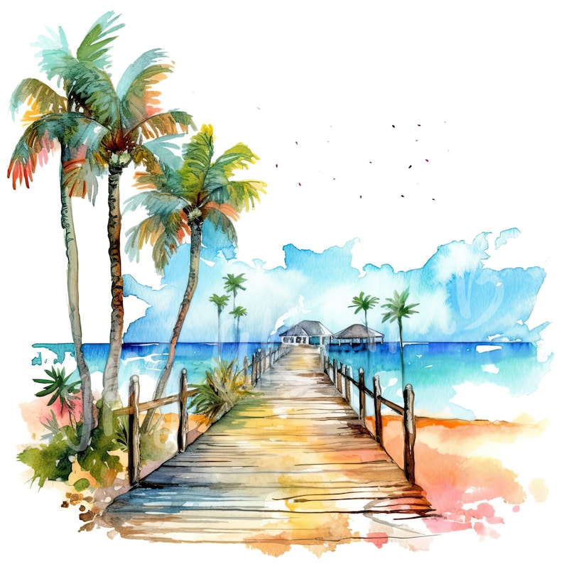 Watercolor Beach Clipart, Vacation Clipart, Ocean Landscape, Beach ...