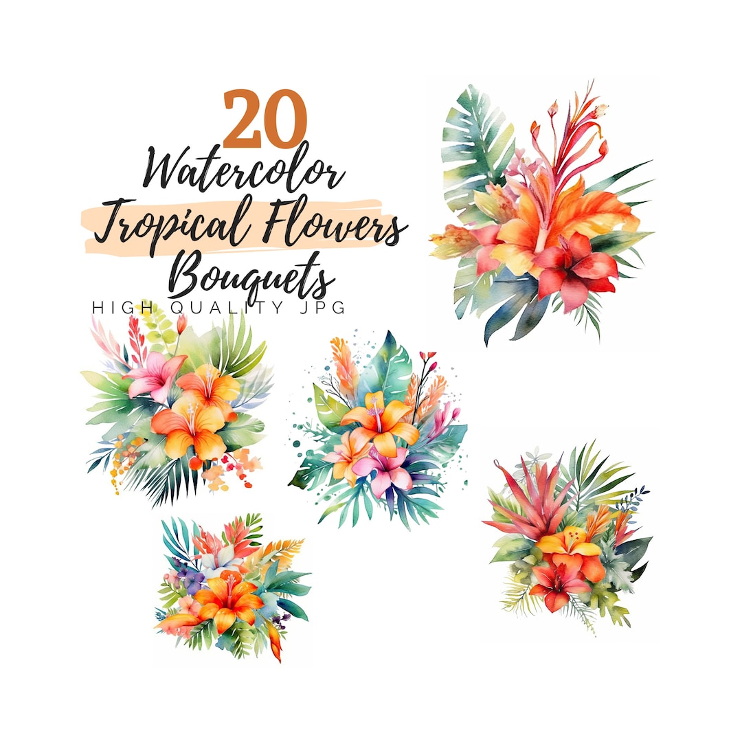 Watercolor Tropical Flowers Bouquet Clipart, Flowers Clipart, Digital ...