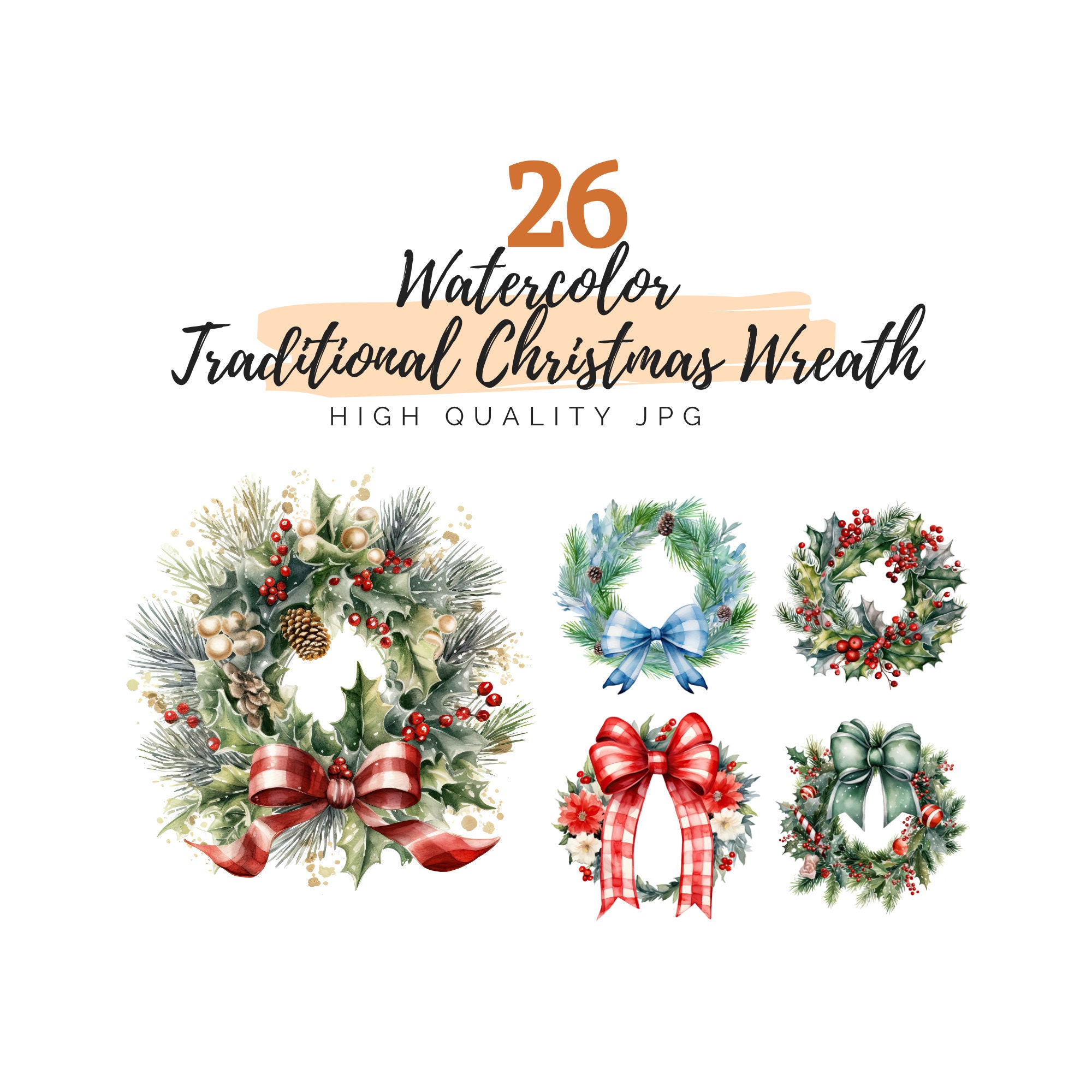 Watercolor Traditional Christmas Wreath Clipart, High Quality JPG ...