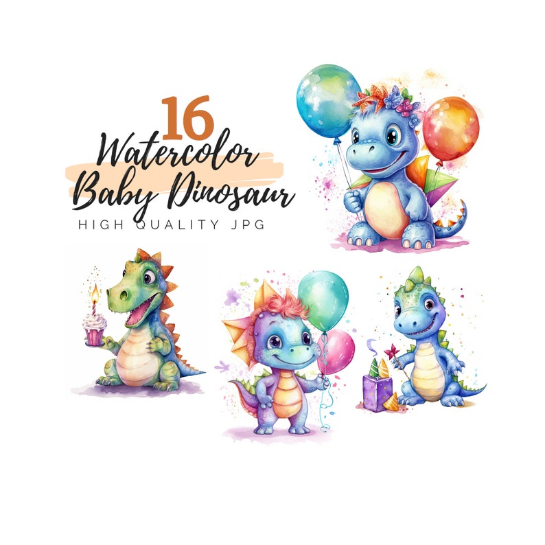 Watercolor Baby Dinosaur Clipart, Birthday Clipart, Watercolor Dinosaur ...