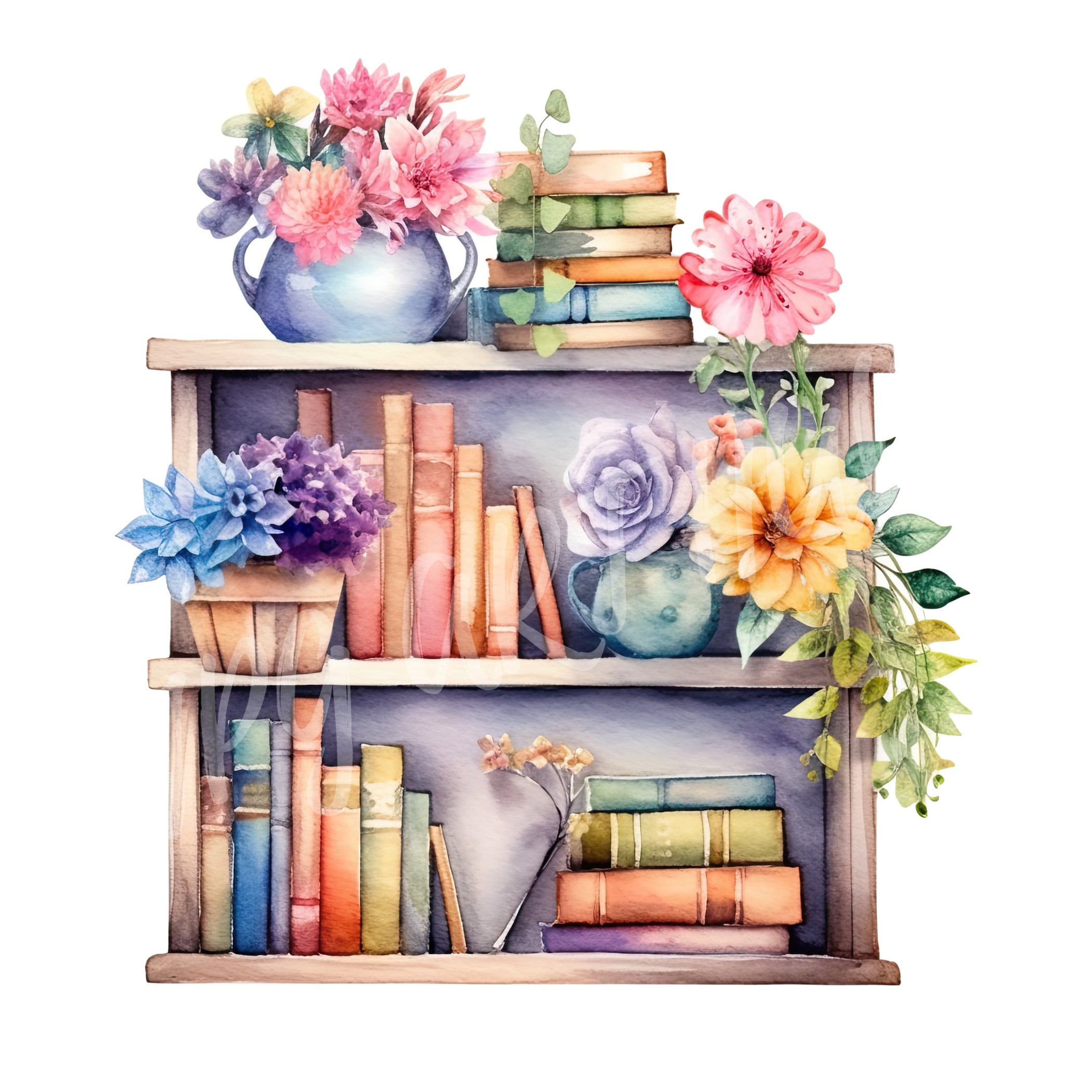 Watercolor Floral Bookshelf Clipart Bundle, Books Clipart, Bookcase ...