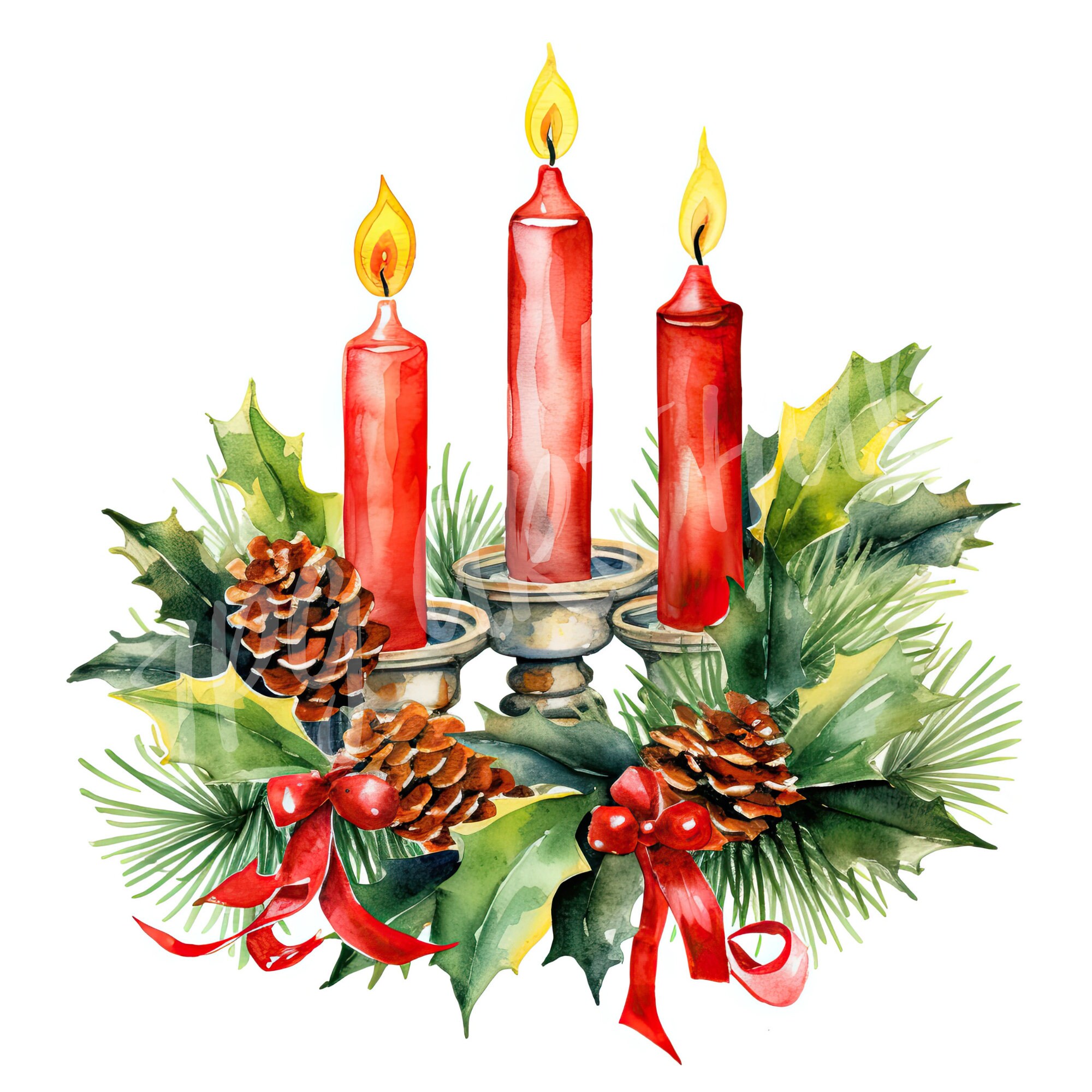Watercolor Christmas Candles Clipart, High Quality JPG, Digital ...