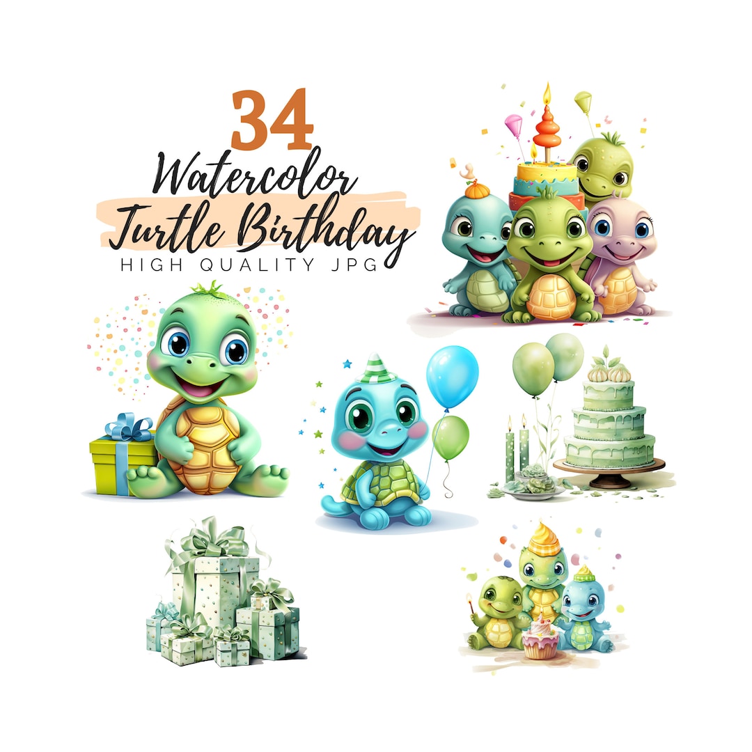 Watercolor Cute Turtle Clipart, Birthday Clipart, Watercolor Turtle ...