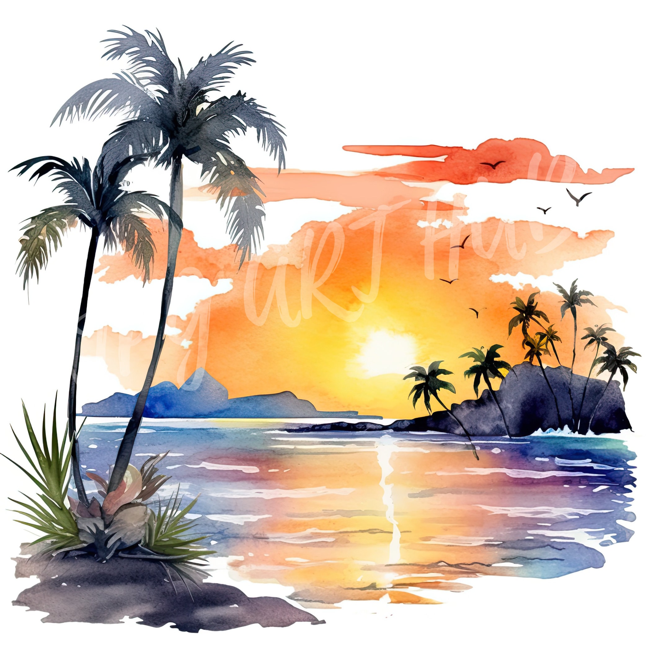 Watercolor Beach Sunset Clipart Sunset Watercolor Beach Clipart