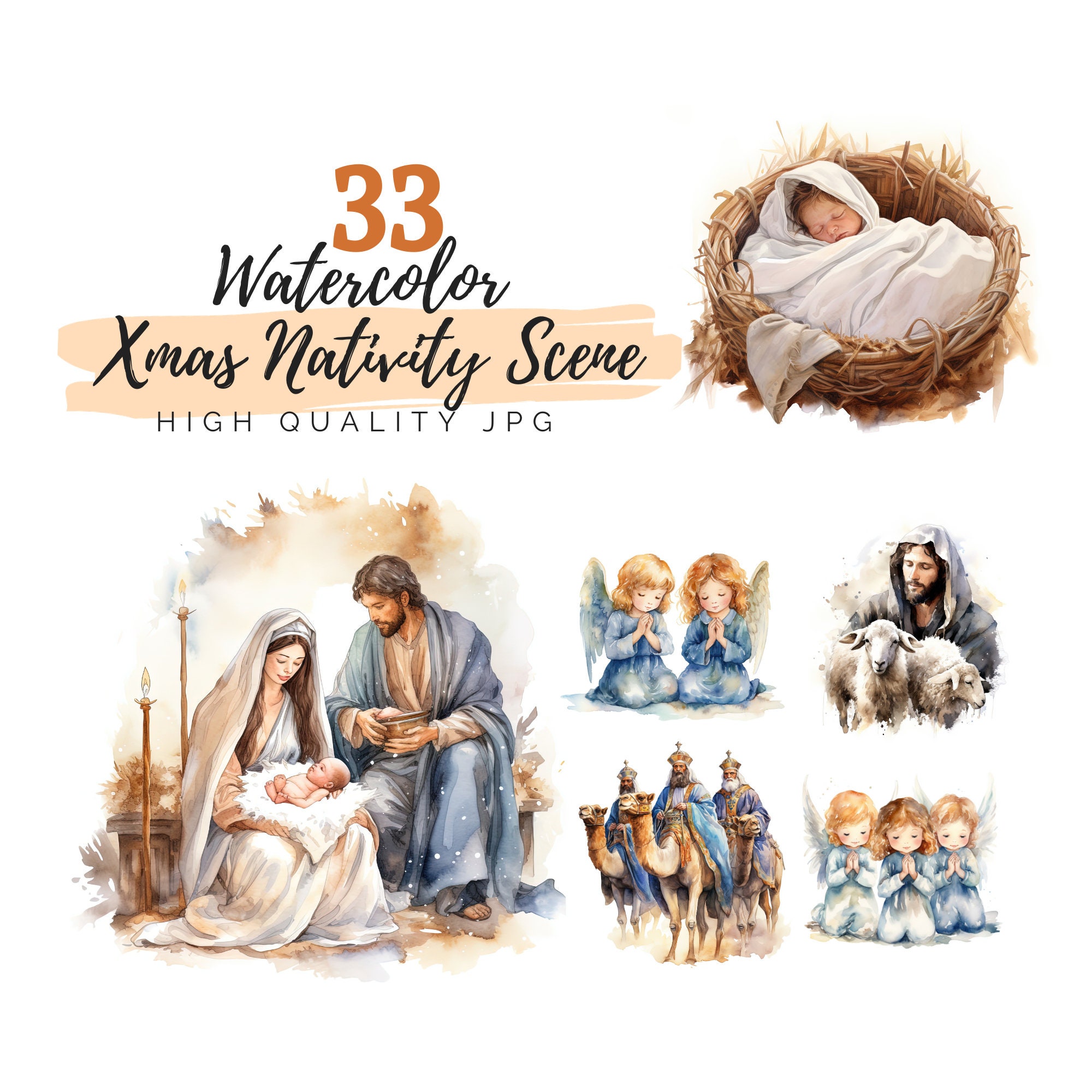 Watercolor Christmas Nativity Scene Clipart, High Quality JPG, Digital ...