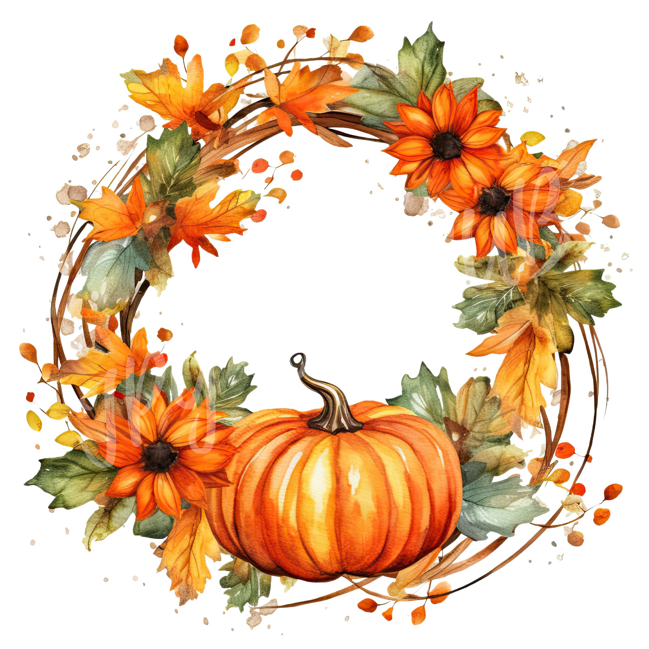 Watercolor Autumn Pumpkin Wreath Clipart Digital Download - Etsy