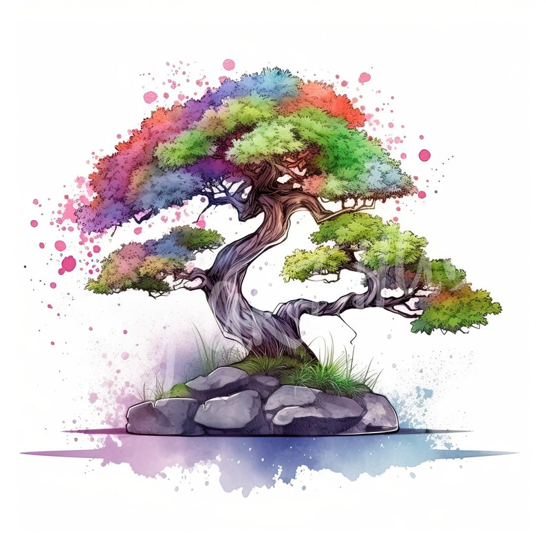 Watercolor Colorful Bonsai Tree Clipart, Bonsai Clipart, Digital ...