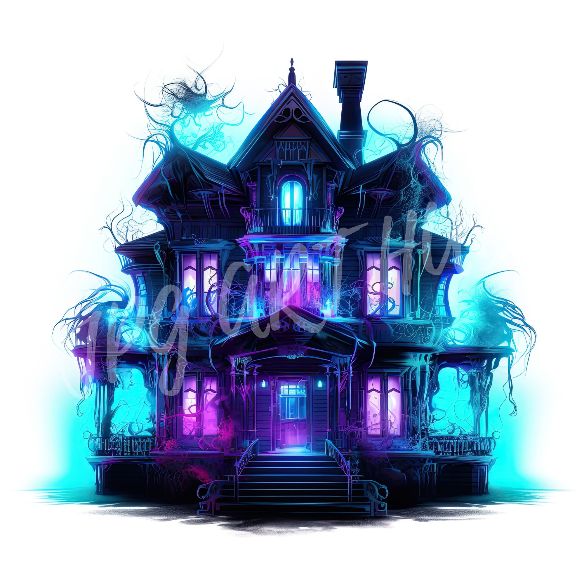 Watercolor Neon Haunted Mansion Clipart, Halloween Clipart, High ...