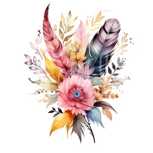 Boho Floral Feathers Bouquet Clipart, High Quality JPG, Digital ...