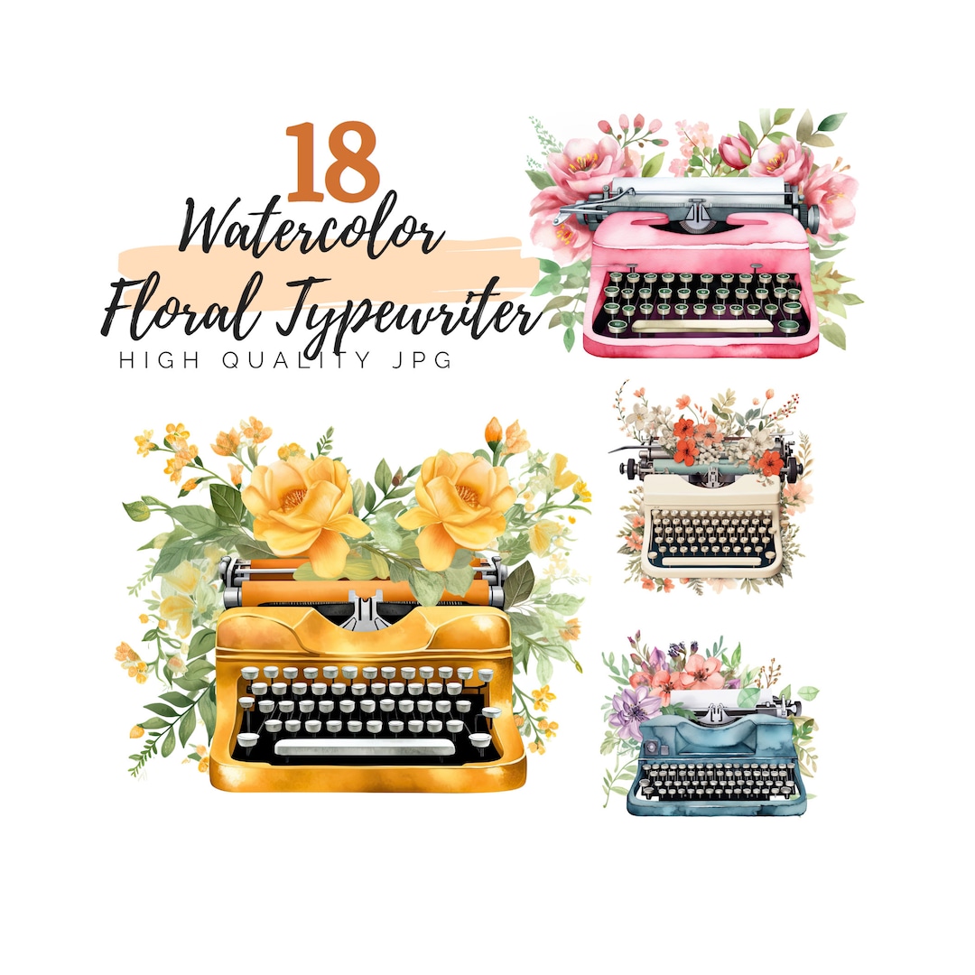 Watercolor Floral Typewriter Clipart Bundle, Vintage Typing Machine ...