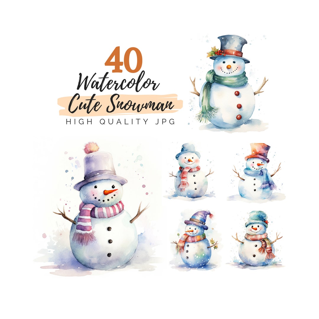 Watercolor Cute Snowman Clipart, High Quality JPG, Digital Download ...