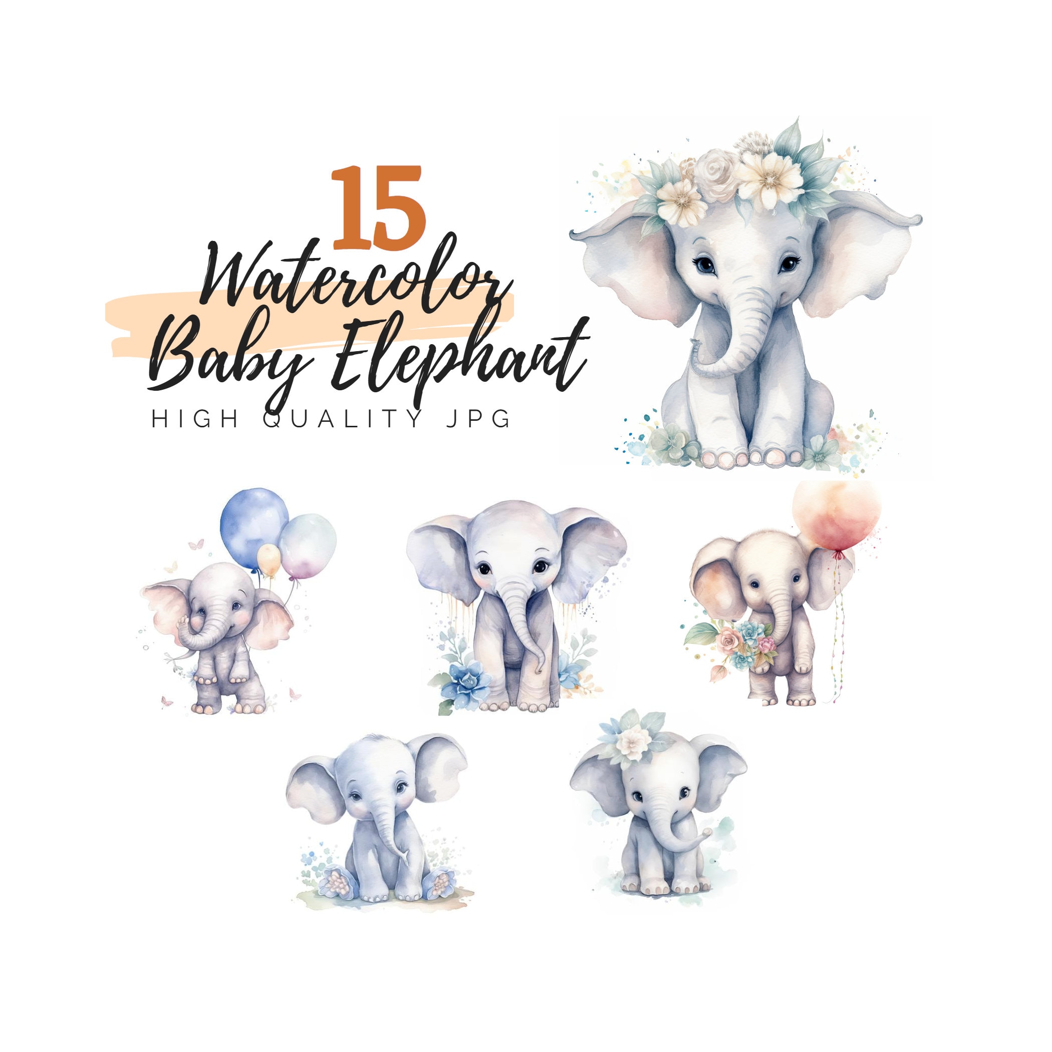 Watercolor Baby Elephant Clipart, Elephants Illustration, Nursery ...