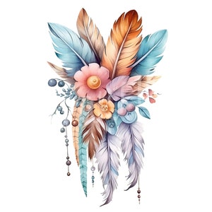 Boho Floral Feathers Bouquet Clipart, High Quality JPG, Digital ...