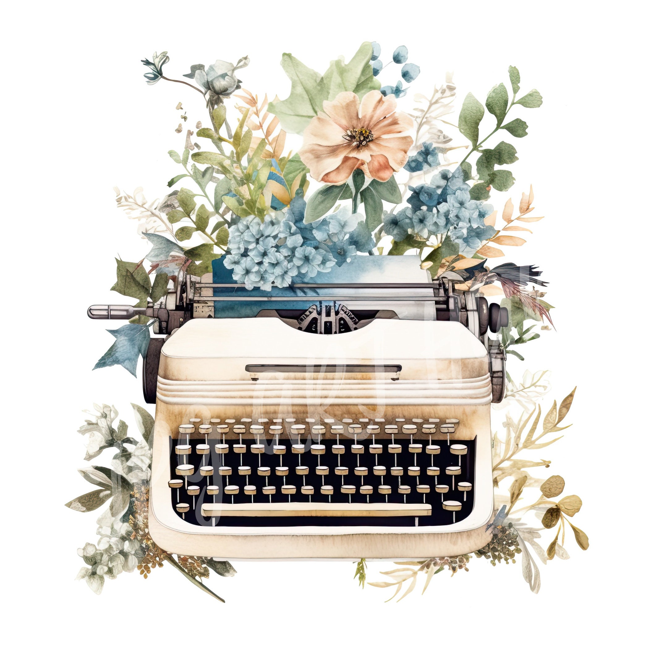 Watercolor Floral Typewriter Clipart Bundle, Vintage Typing Machine ...