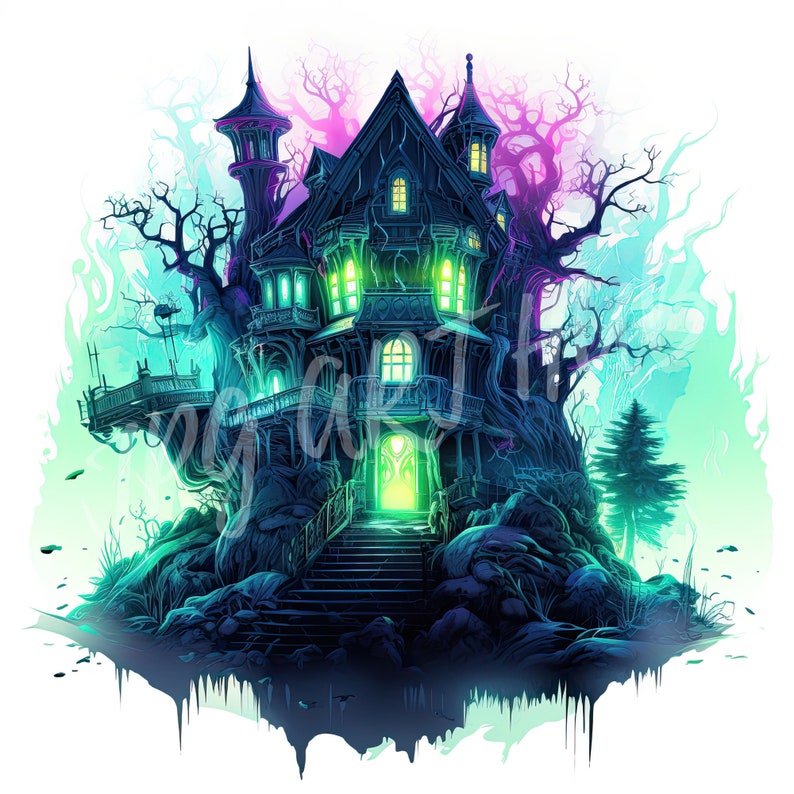 Watercolor Neon Haunted Mansion Clipart, Halloween Clipart, High ...