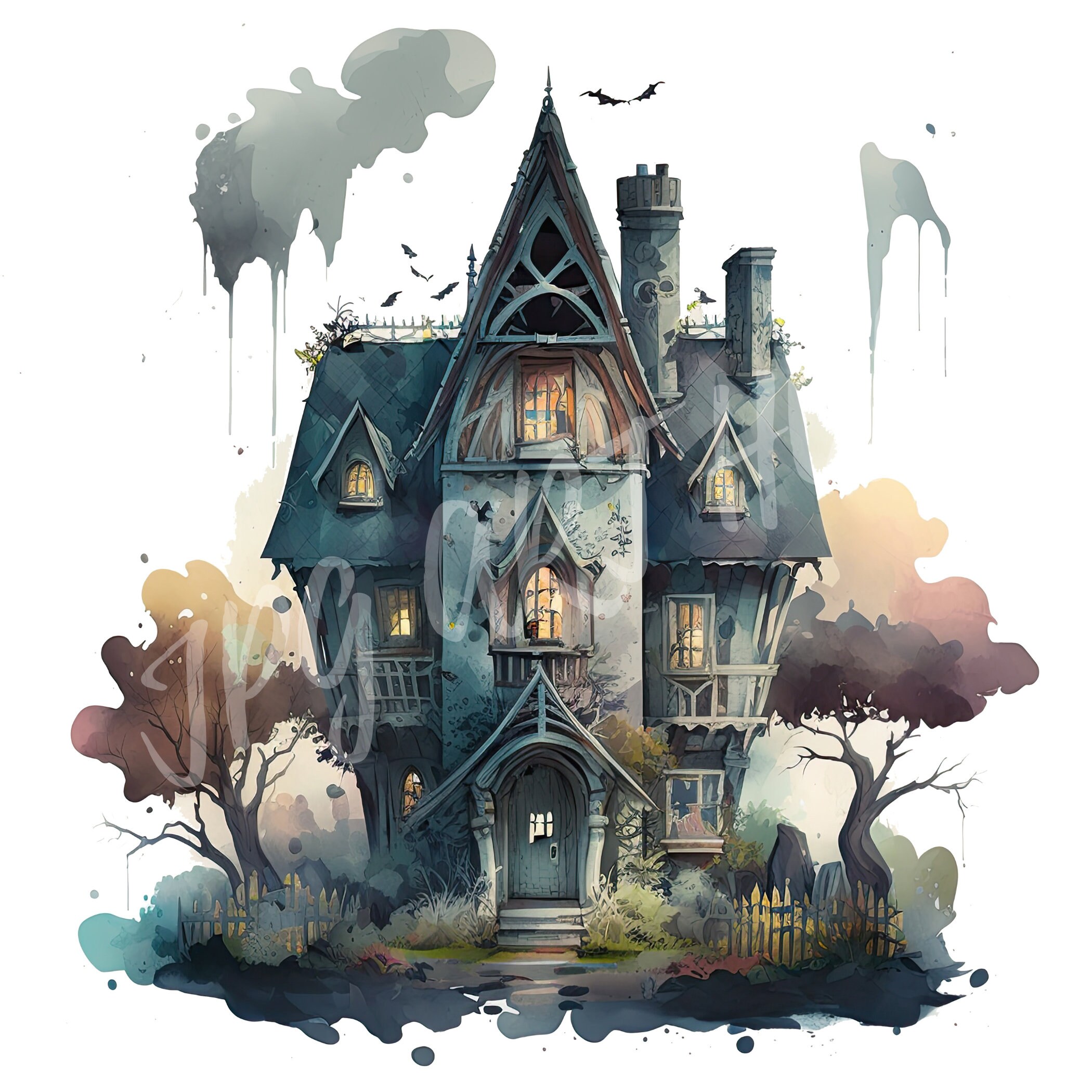 Watercolor Haunted House Clipart, Spooky House Clipart, Watercolor ...
