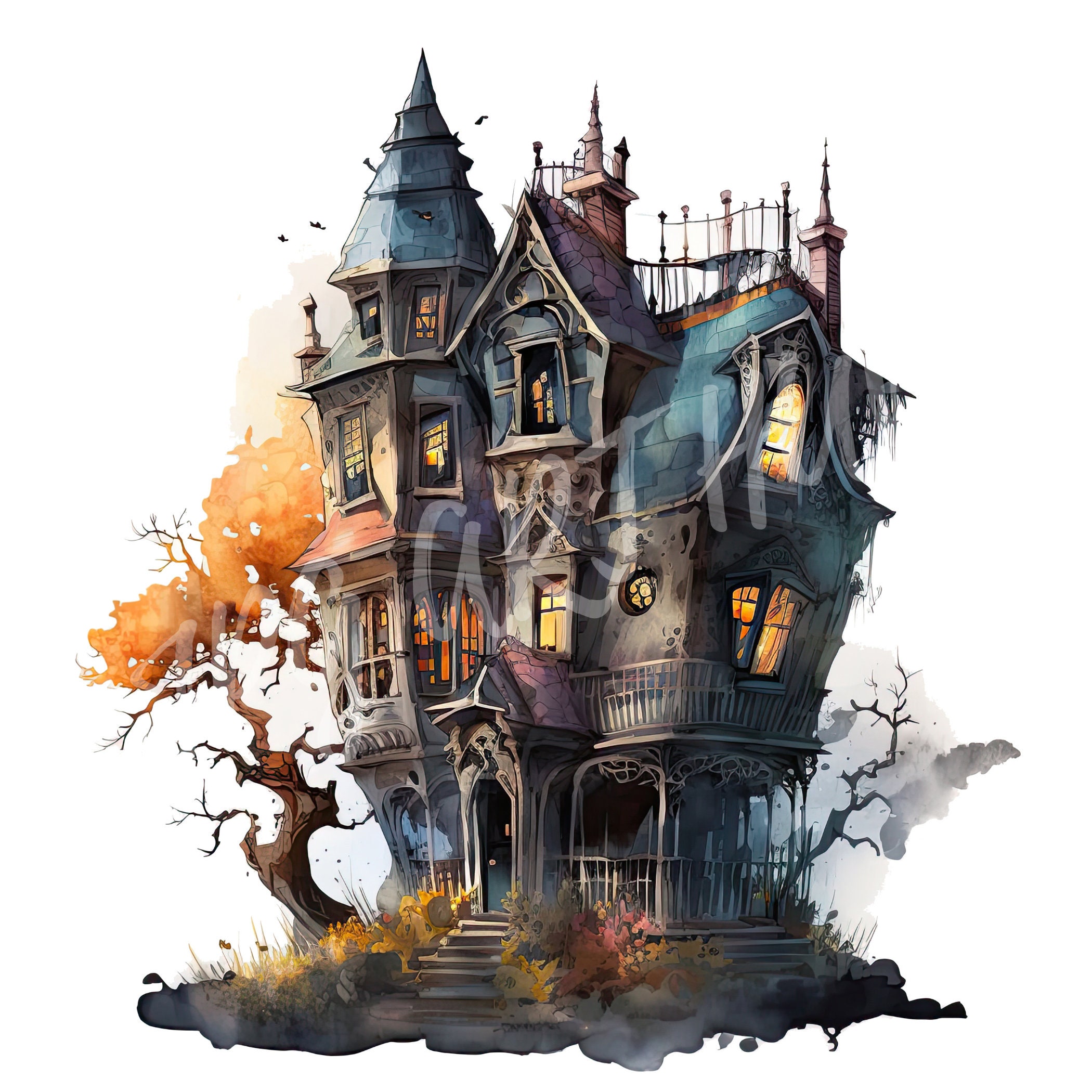 Watercolor Haunted House Clipart, Spooky House Clipart, Watercolor ...