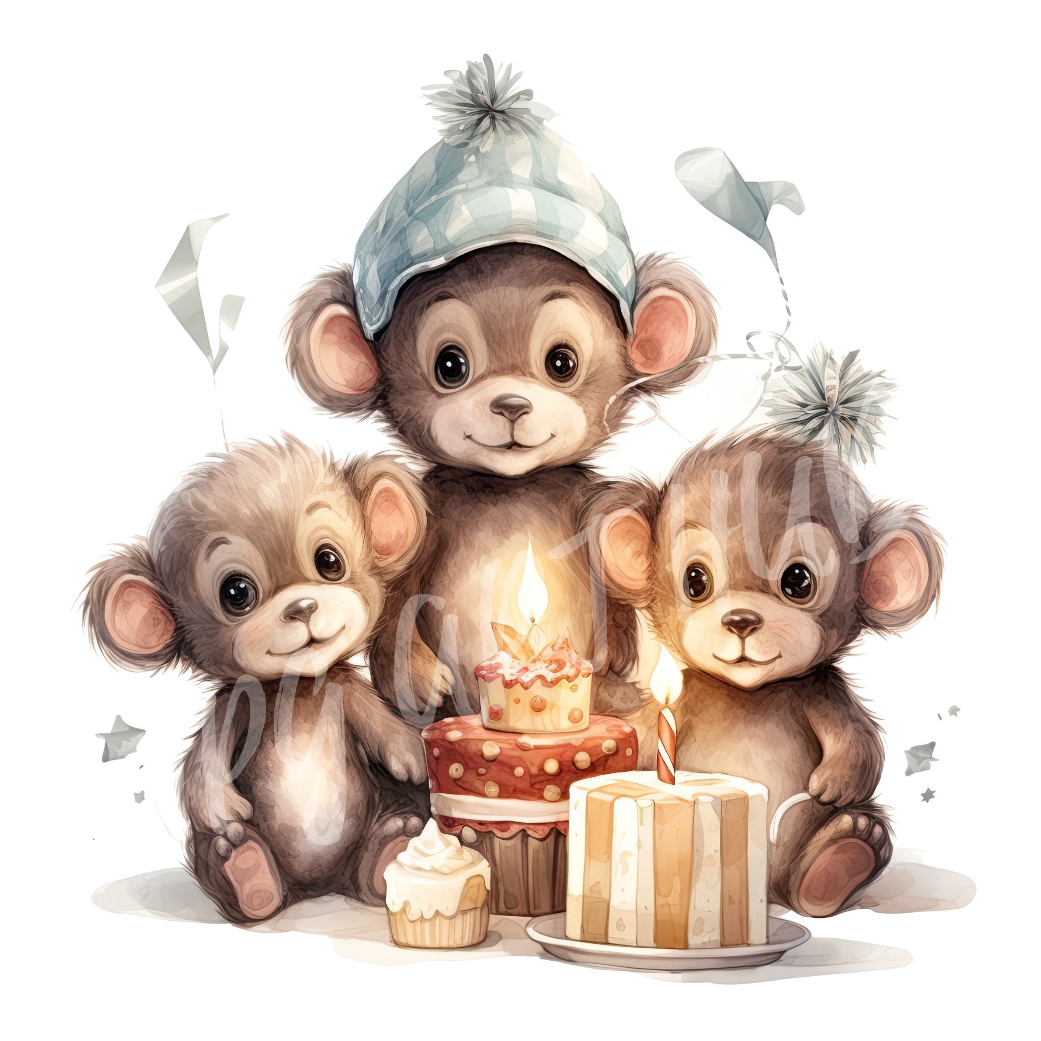 Watercolor Baby Monkey Birthday Clipart Bundle, Cute Monkey Clipart ...