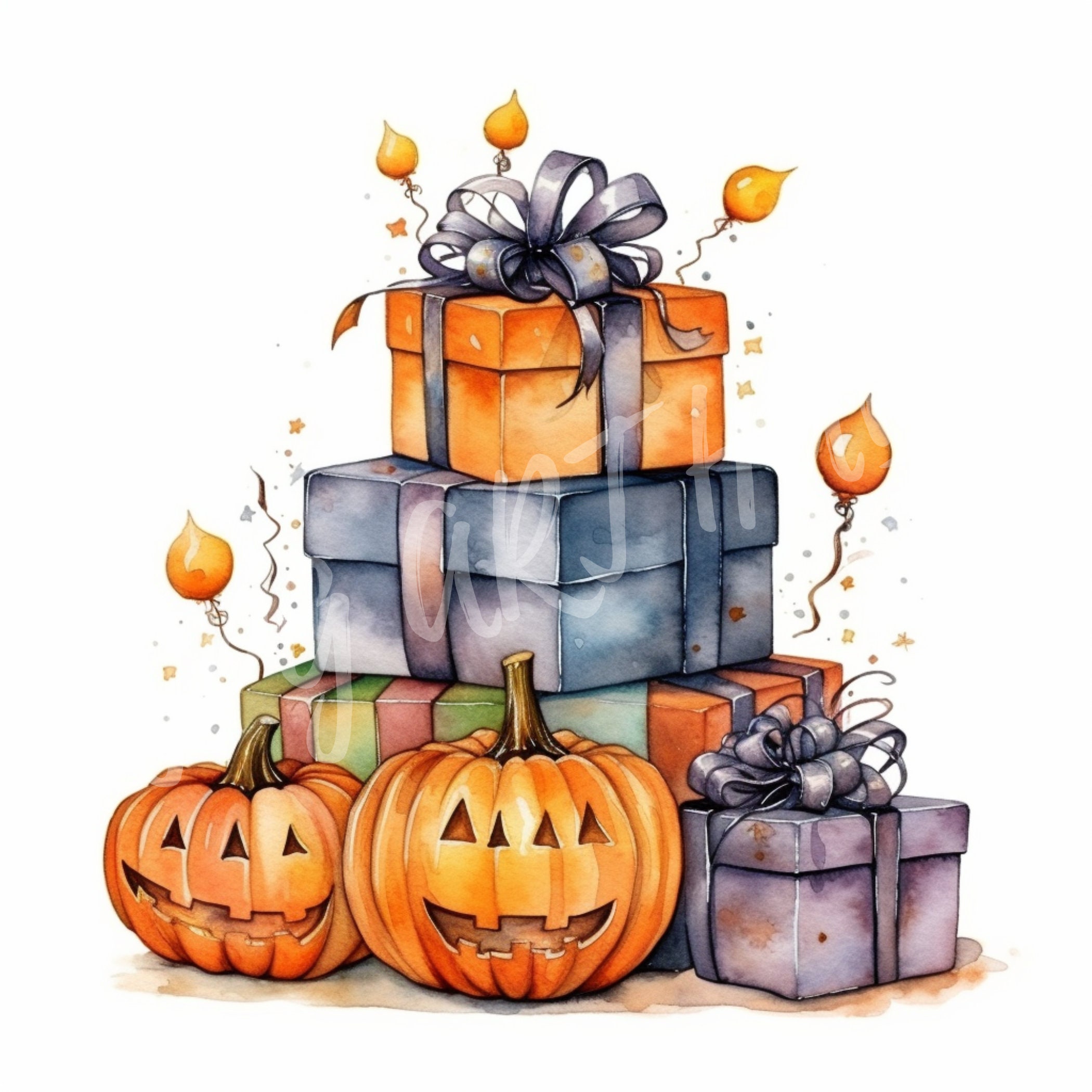 Watercolor Halloween Birthday Clipart, Balloons Clipart, Gift Clipart ...