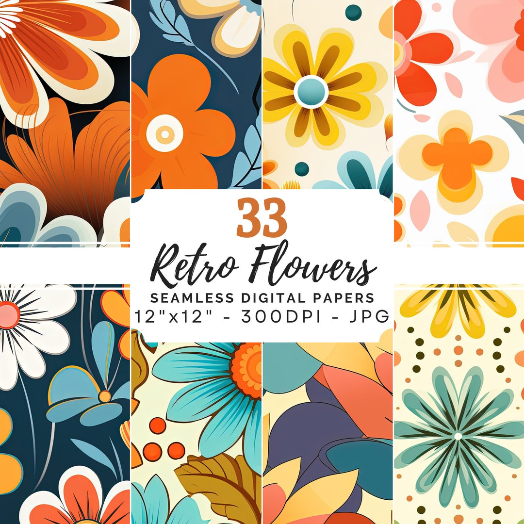 Seamless Retro Flowers Digital Paper, Printable Digital Paper, Retro ...