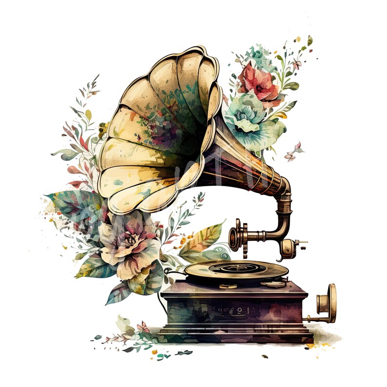 Watercolor Vintage Gramophone Clipart, Phonograph Clipart, Record ...