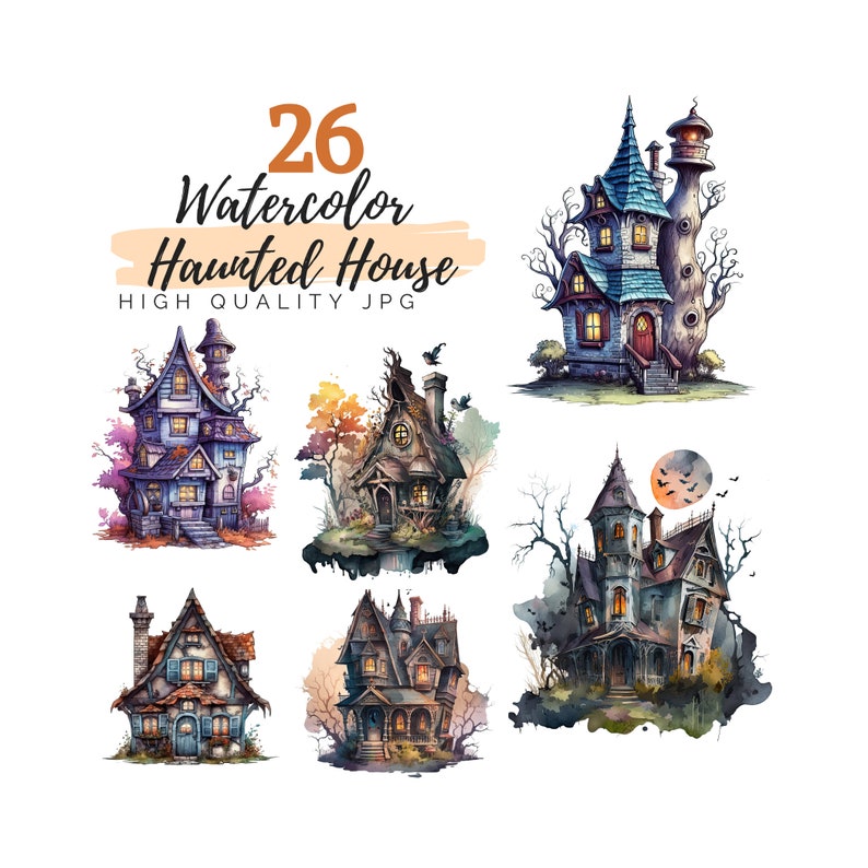 Watercolor Haunted House Clipart, Spooky House Clipart, Watercolor ...