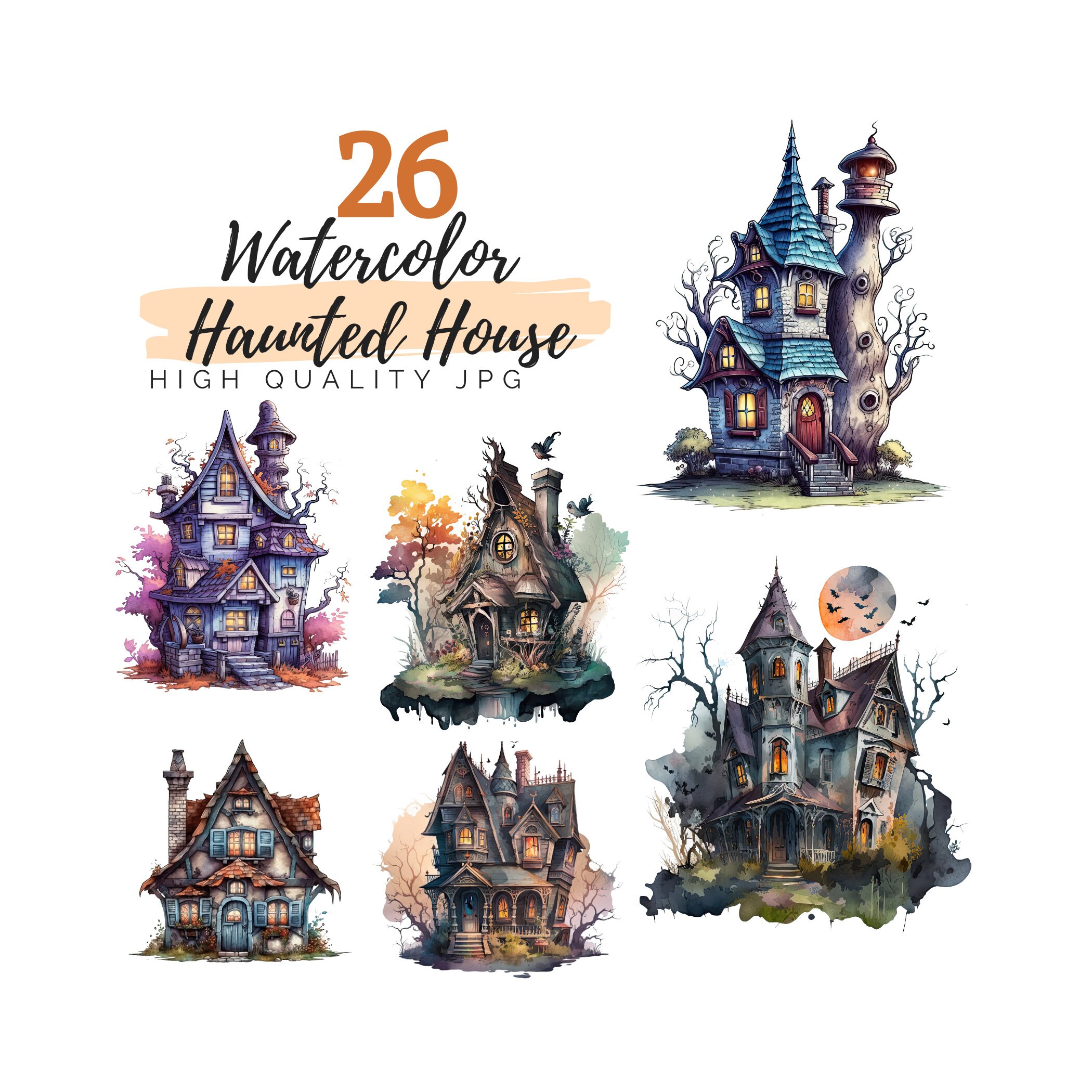 Watercolor Haunted House Clipart, Spooky House Clipart, Watercolor ...