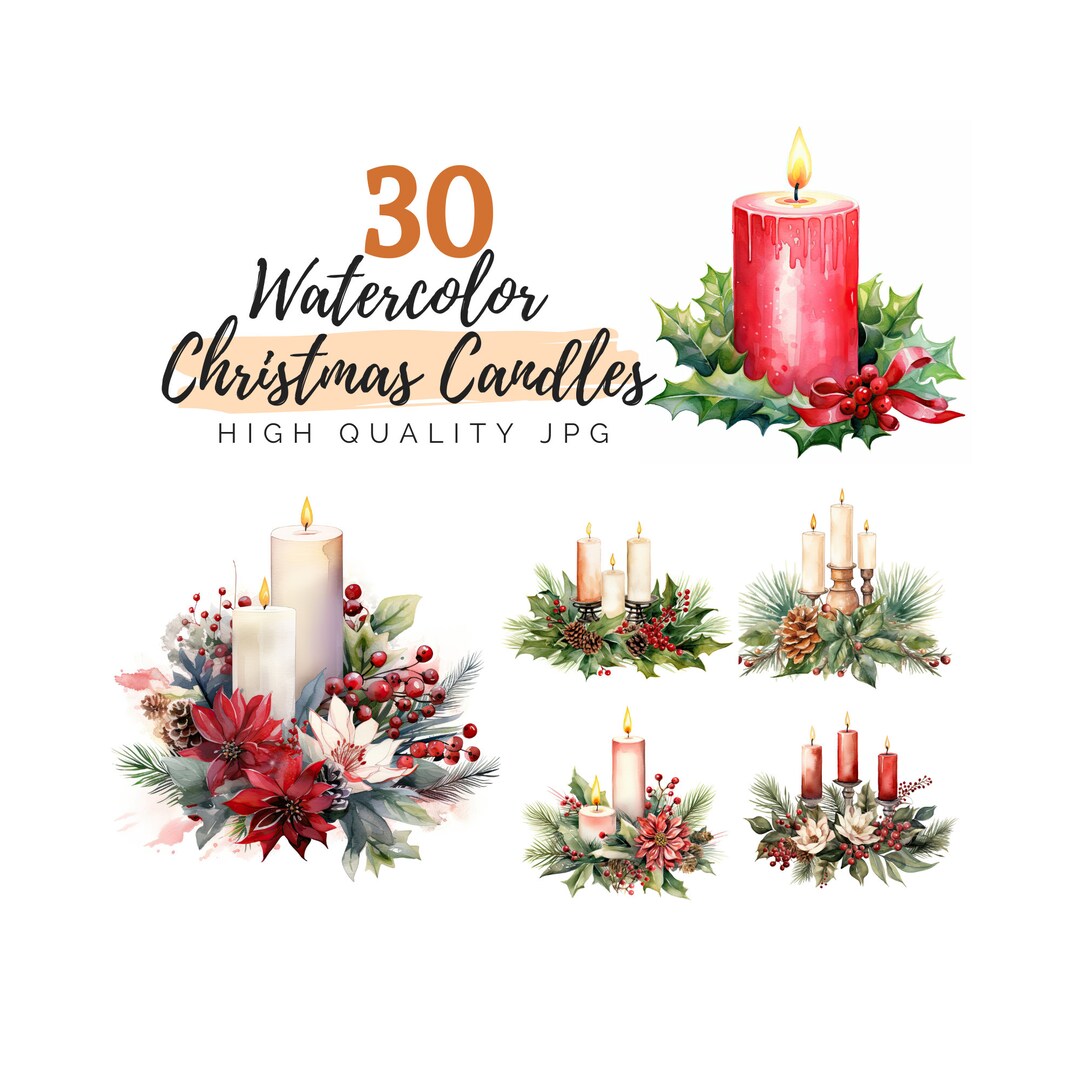 Watercolor Christmas Candles Clipart, High Quality JPG, Digital ...