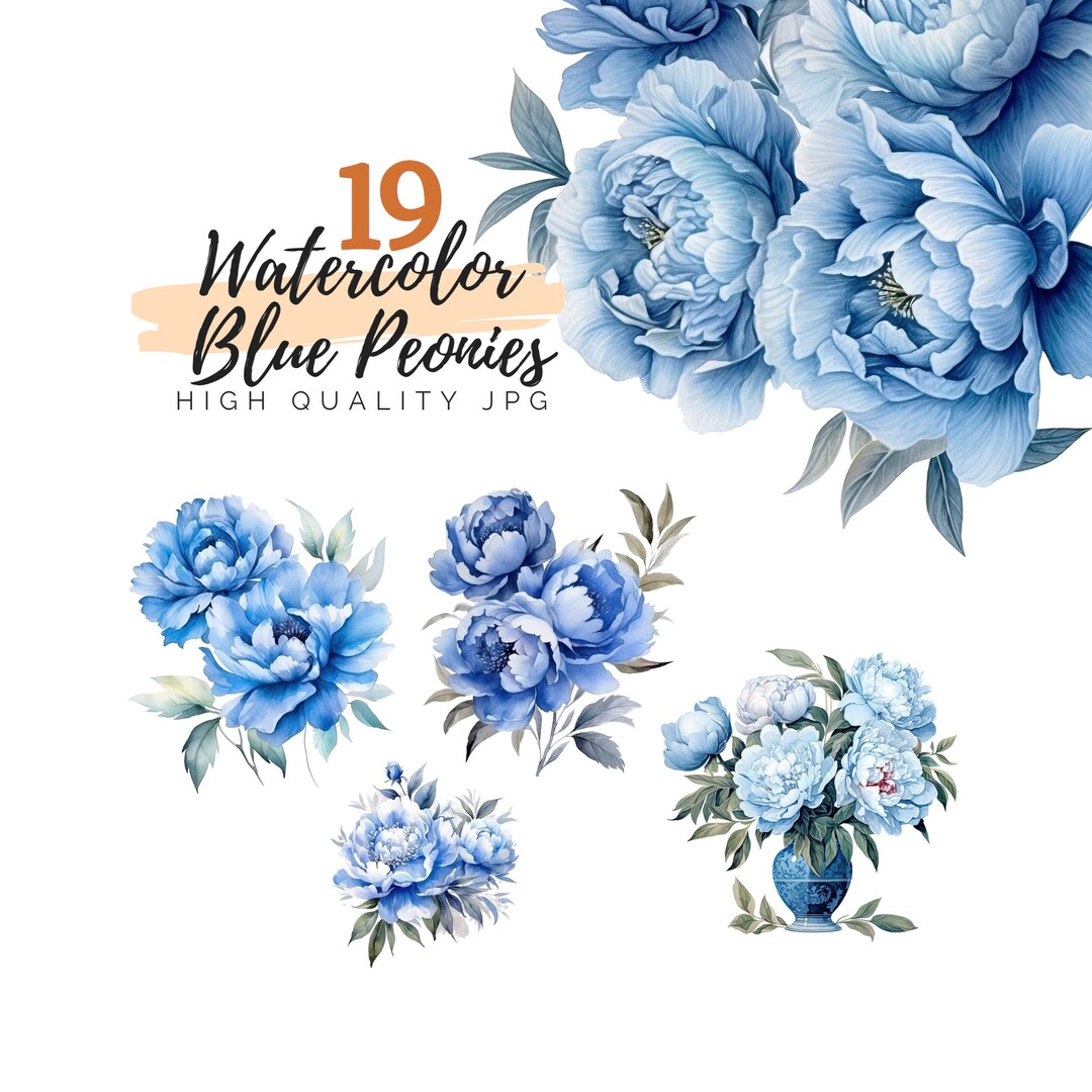 Watercolor Blue Peonies Clipart, Flower Clipart, Digital Download ...