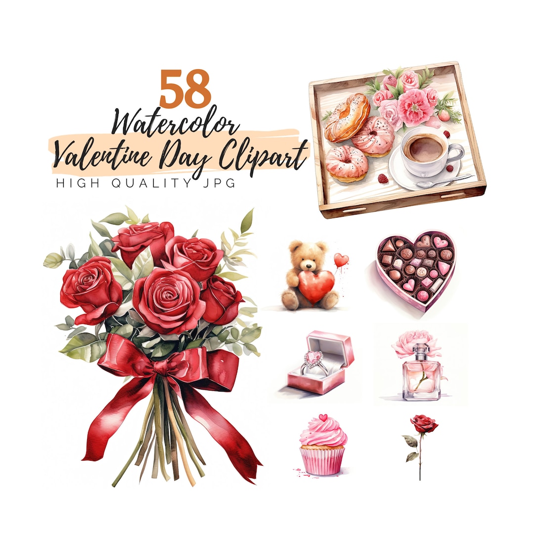 Watercolor Valentine's Day Clipart, Romantic Clipart, High Quality JPG ...