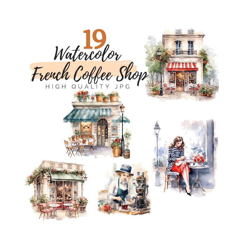 Watercolor French Coffee Shop Clipart Cafe Clipart Digital - Etsy
