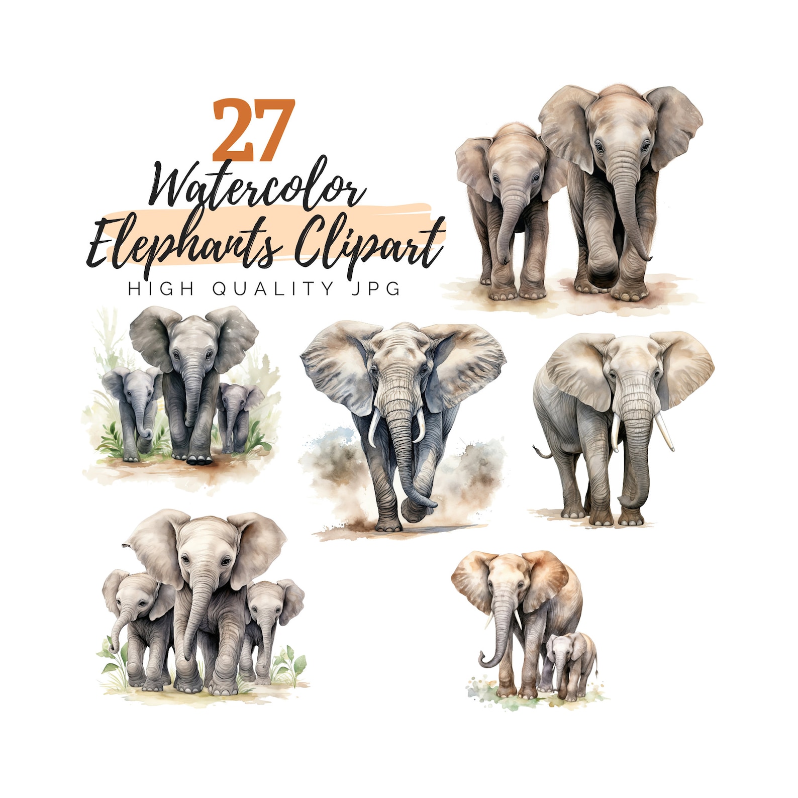 Watercolor Elephants Clipart Bundle, Wild Animal Clipart, High Quality ...