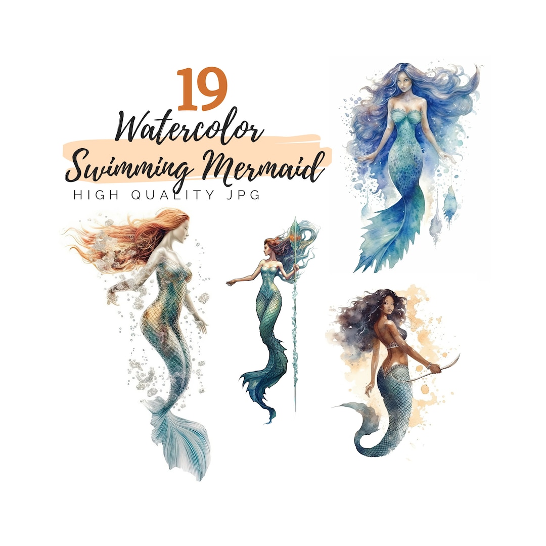 Watercolor Swimming Mermaid Clipart, Cute Mermaids, Digital Download ...
