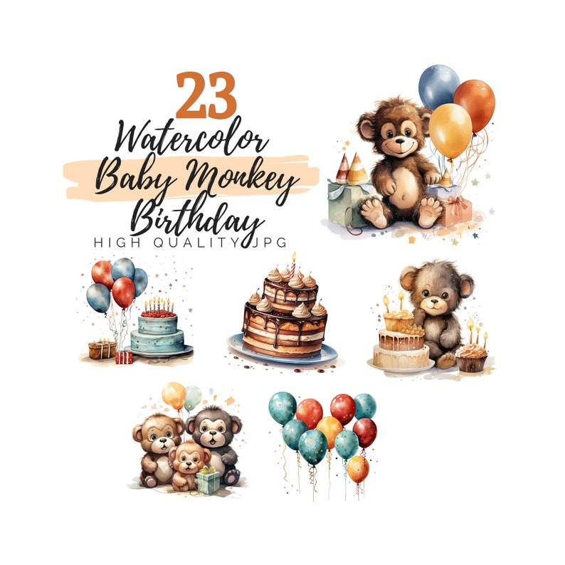 Watercolor Baby Monkey Birthday Clipart Bundle Cute Monkey - Etsy