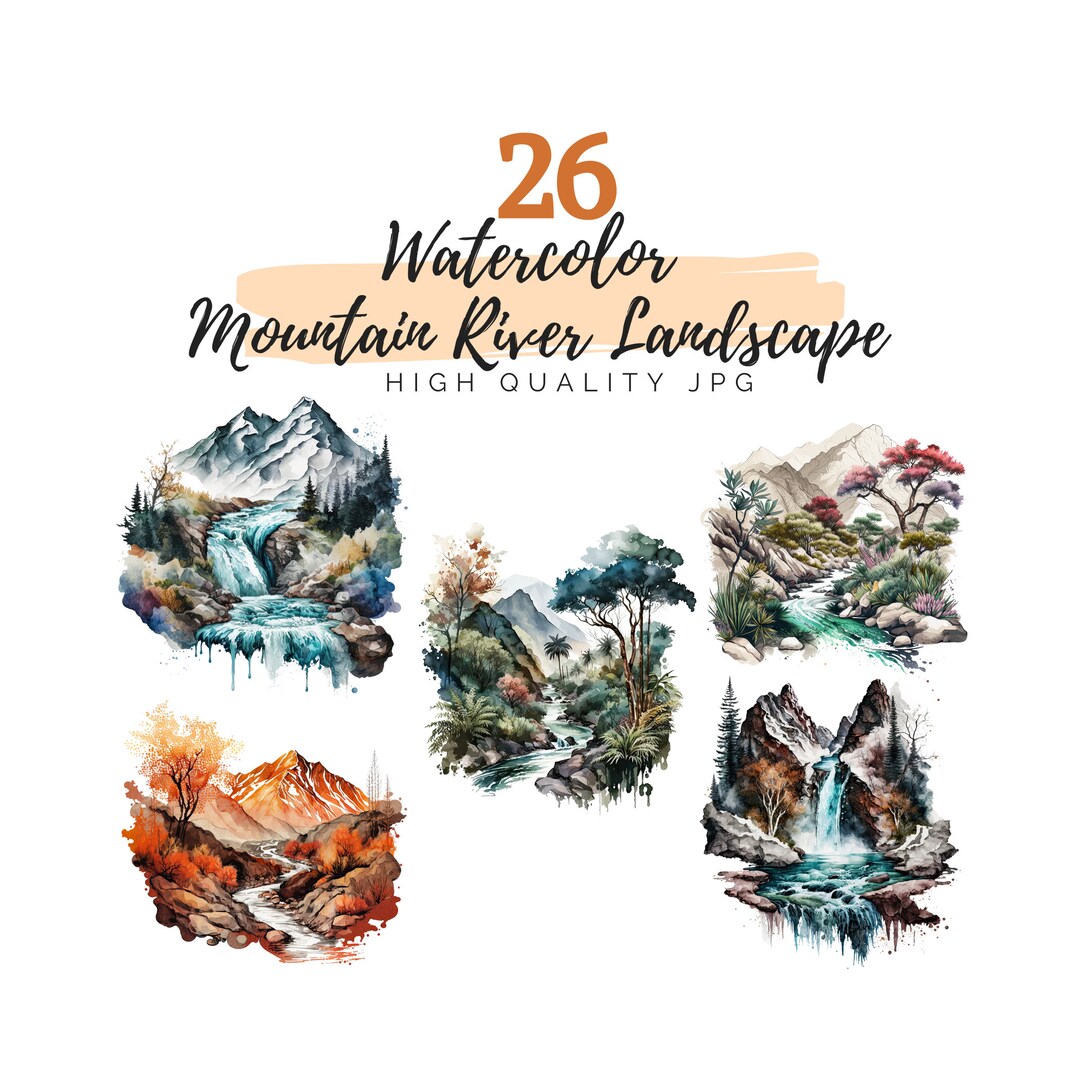 Watercolor Mountain River Landscape Clipart Bundle, Forest Clipart ...
